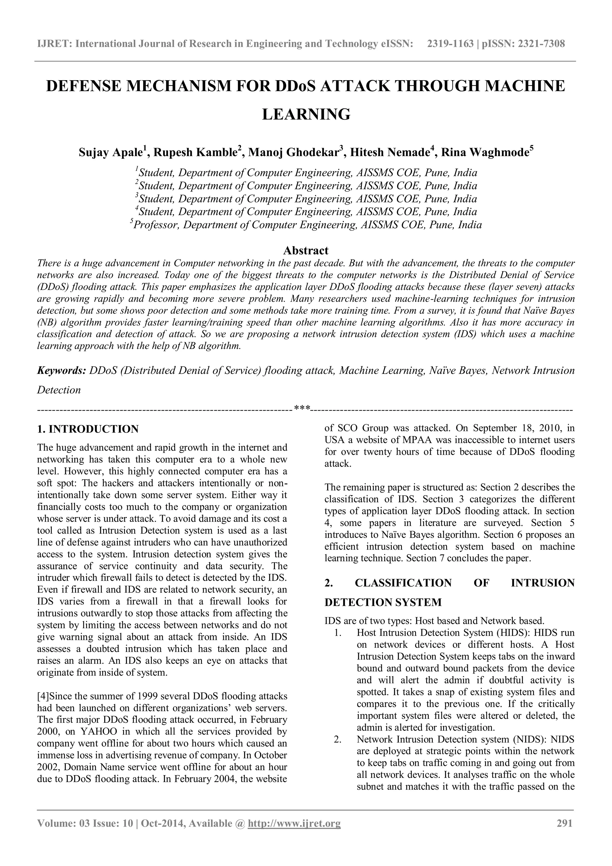 Defense mechanism for ddos attack through machine learning | PDF