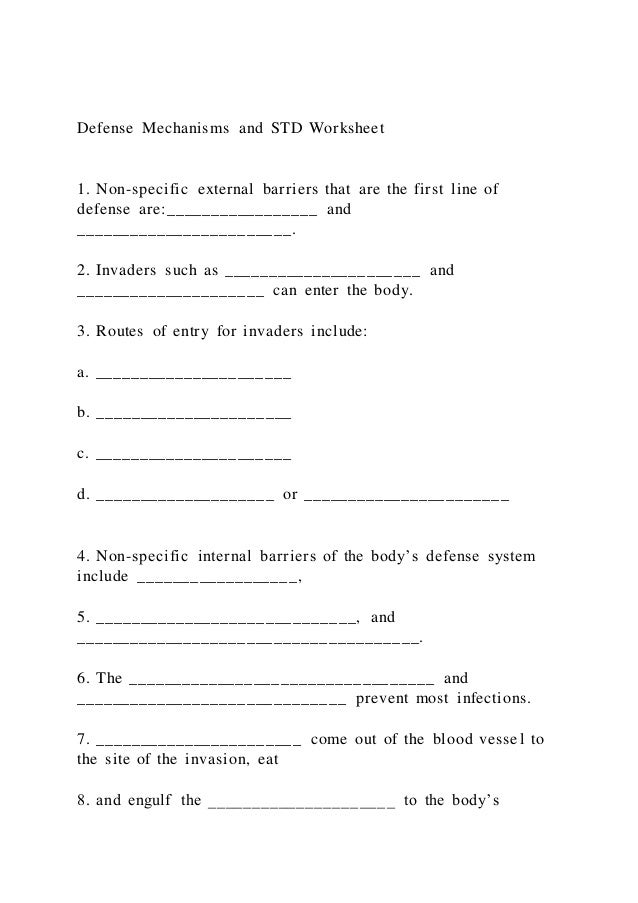 Defense Mechanisms and STD Worksheet1. Non-specific external | DOCX