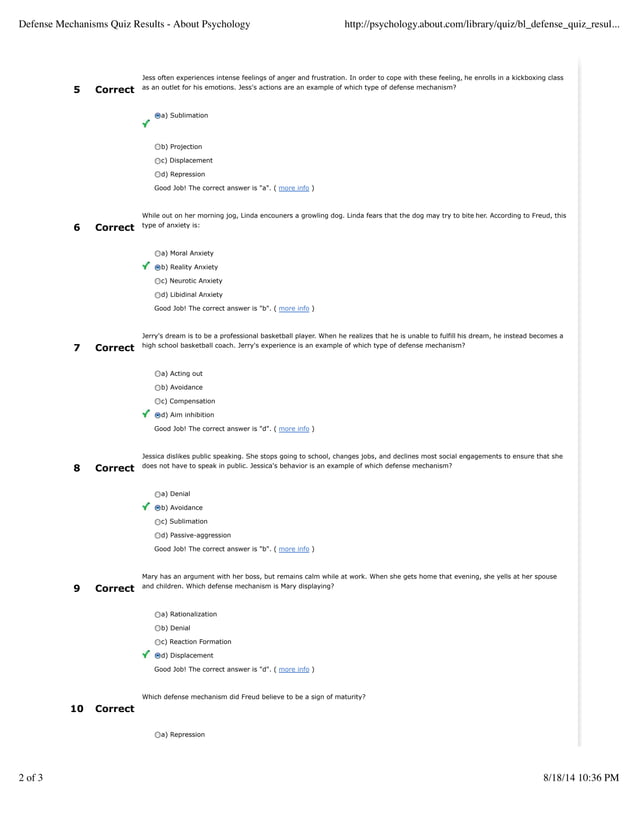 Defense mechanisms quiz results about psychology | PDF