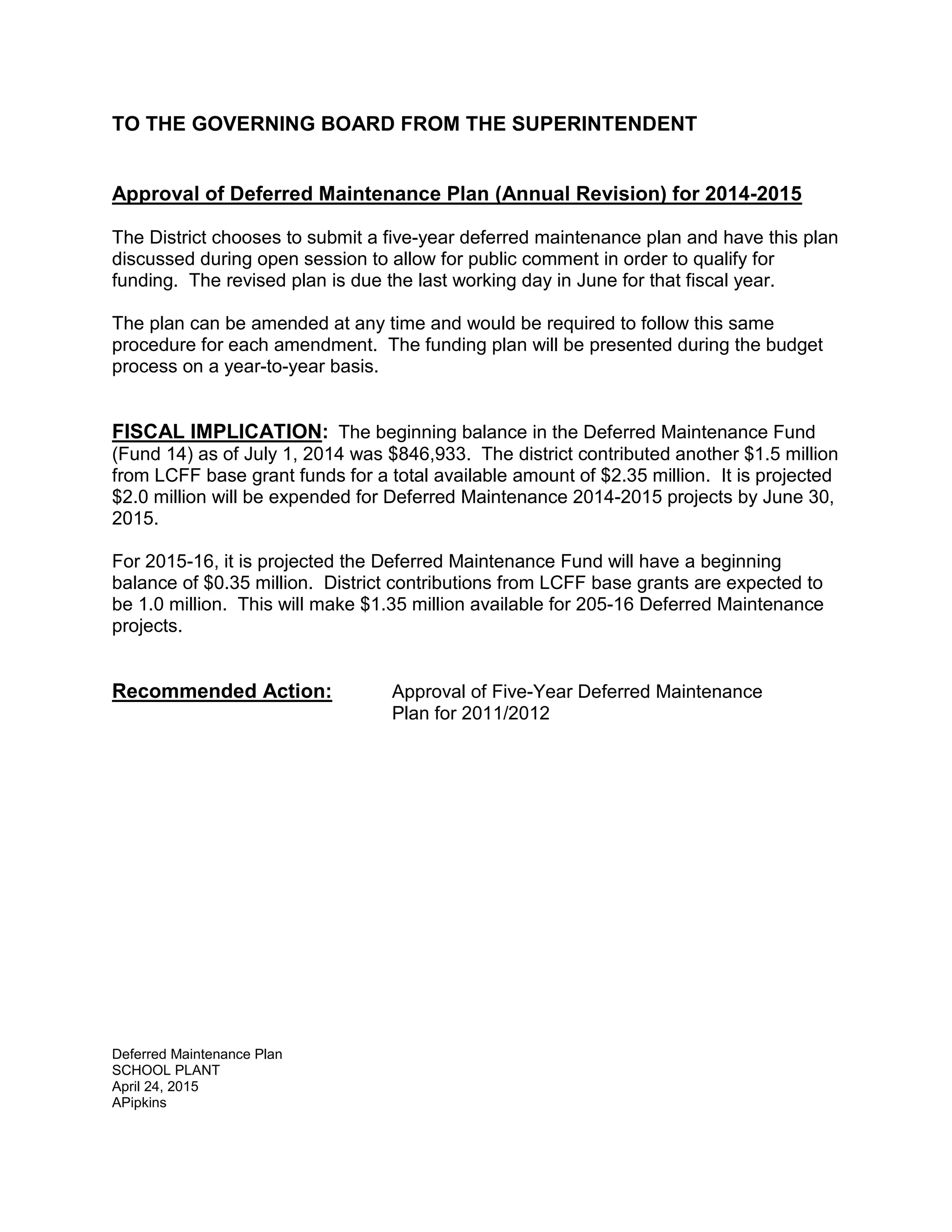 Deferred Maintenance Plan | PDF