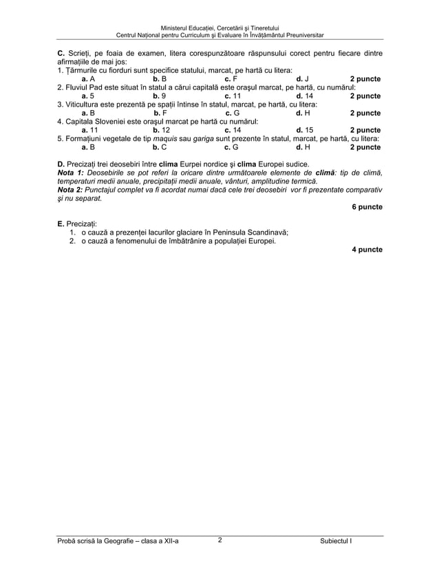 Varianta 1 de BAC Geografie-Subiectul I | PDF