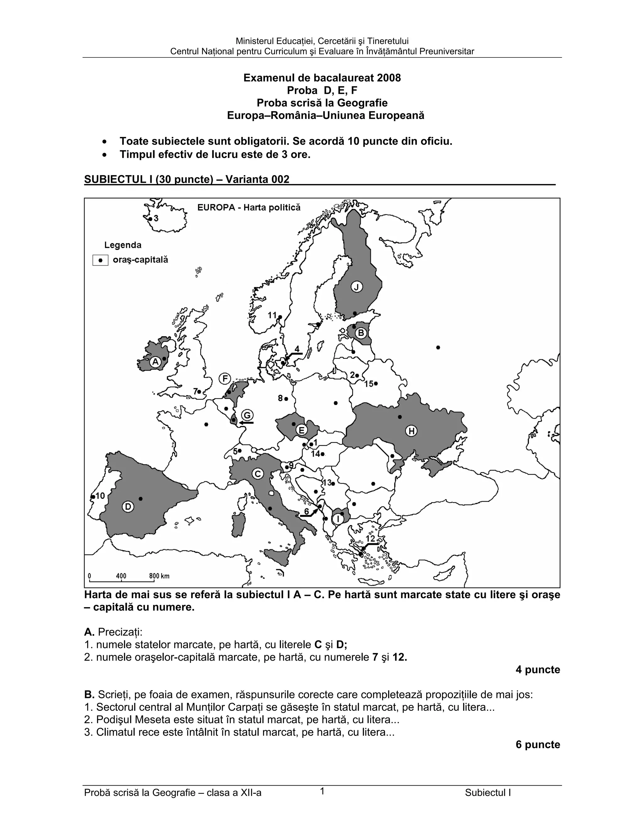 Varianta 2 de BAC Geografie Subiectul I | PDF