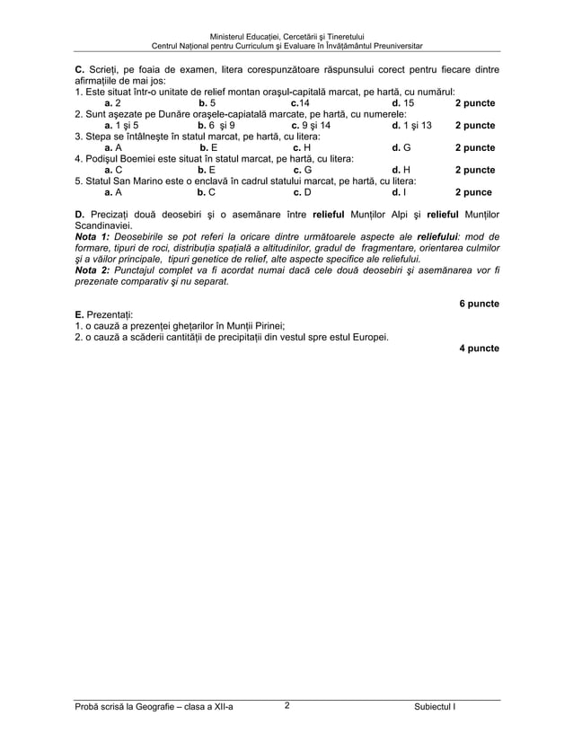 Varianta 2 de BAC Geografie Subiectul I | PDF