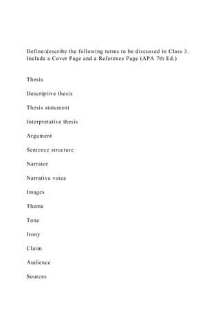 Definedescribe the following terms to be discussed in Class 3. .docx ...