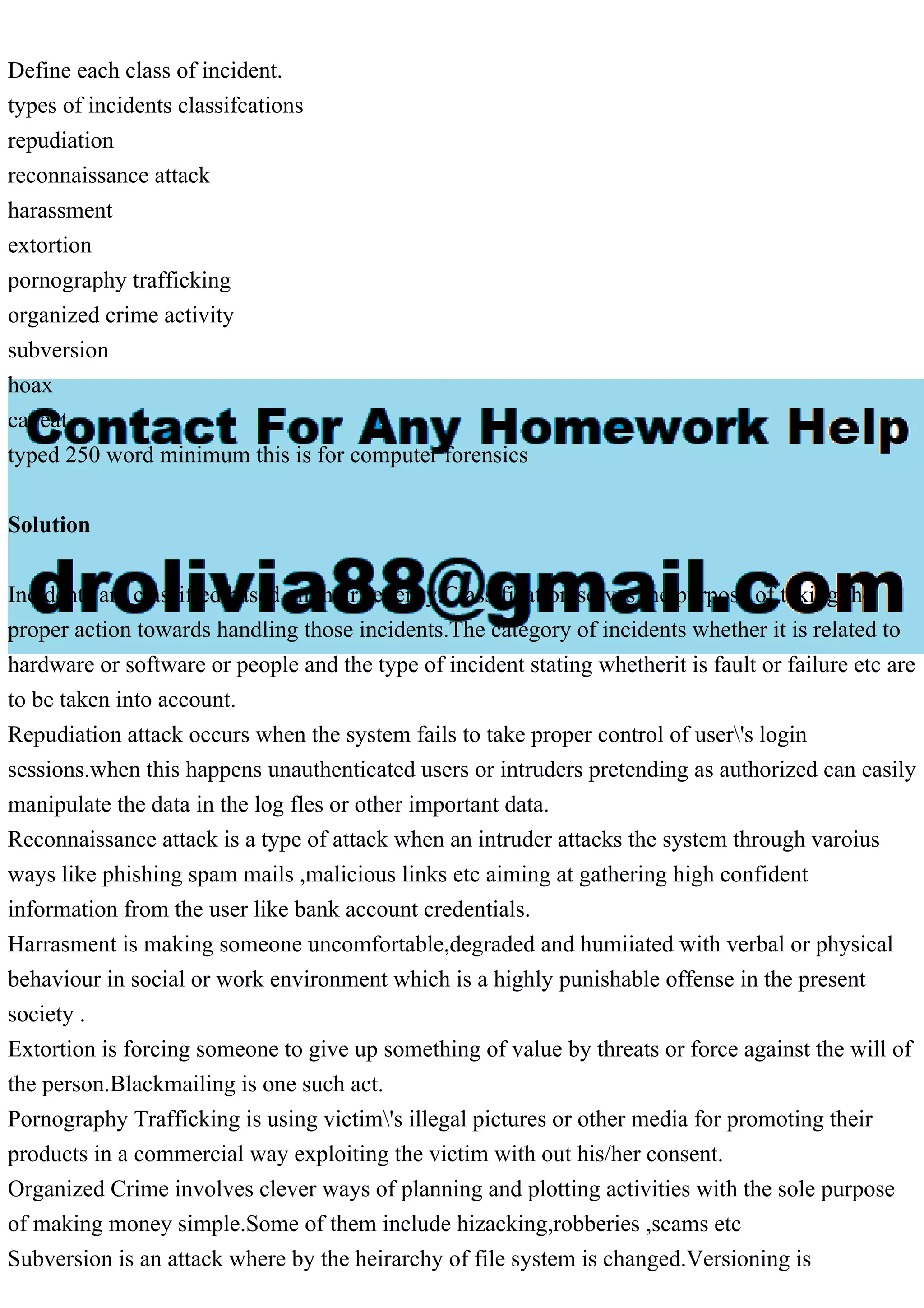 Define each class of incident.types of incidents classifcationsr.pdf