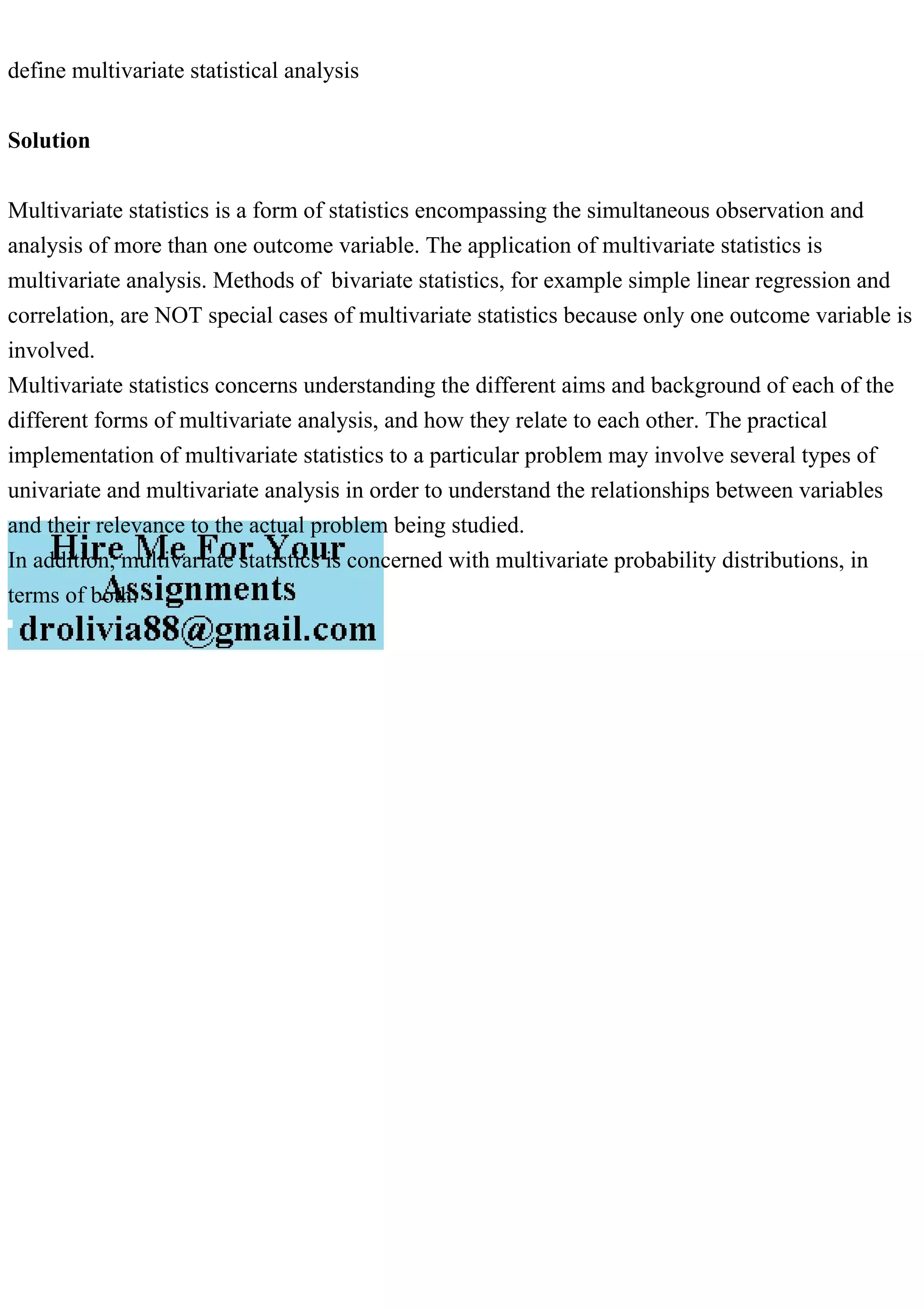 define multivariate statistical analysisSolutionMultivariate s.pdf