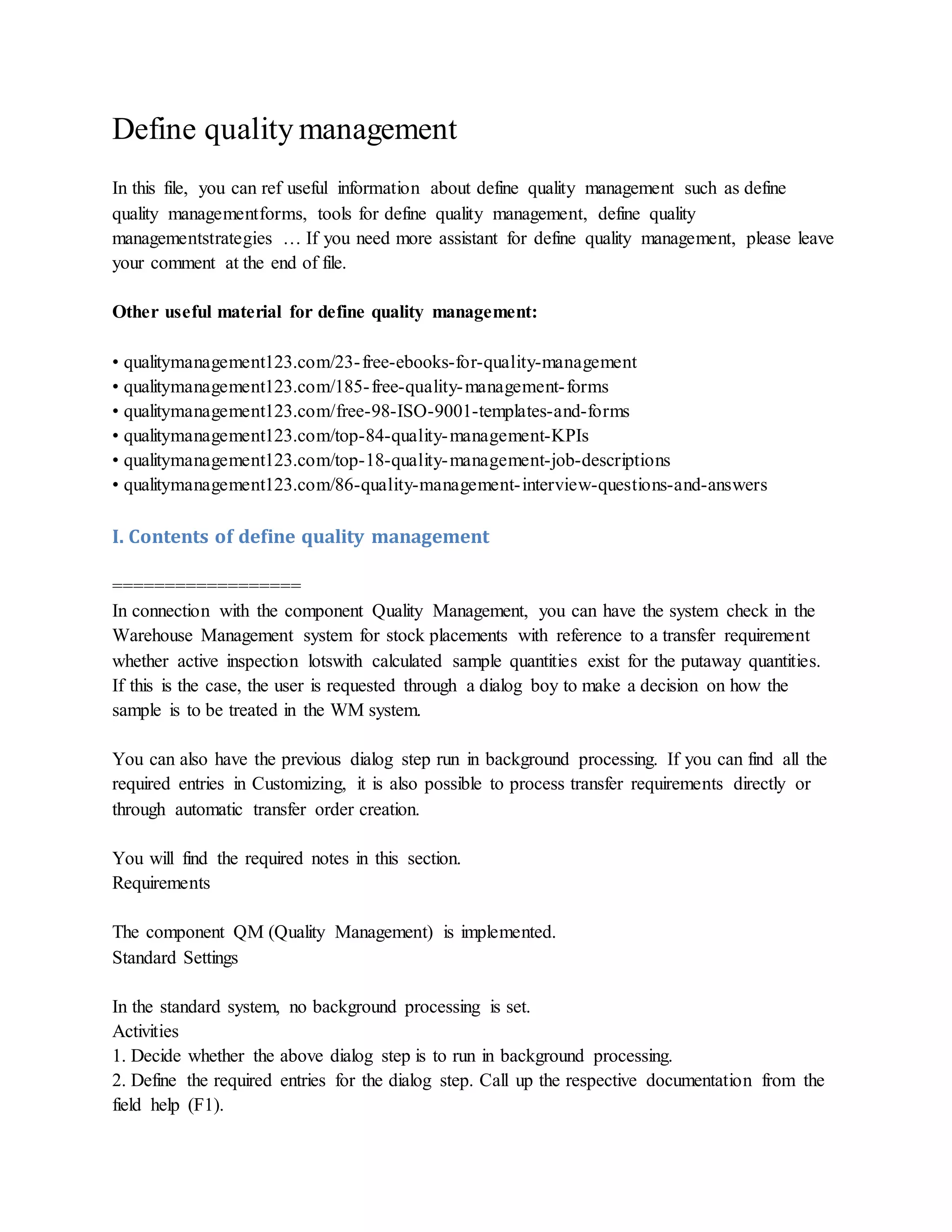 Define quality management | DOCX