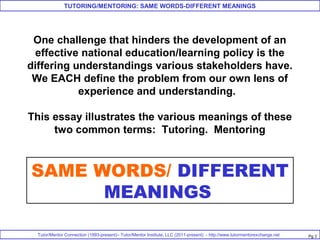 Defining terms: Tutoring. Mentoring. Same Words. Different Meaning | PPT