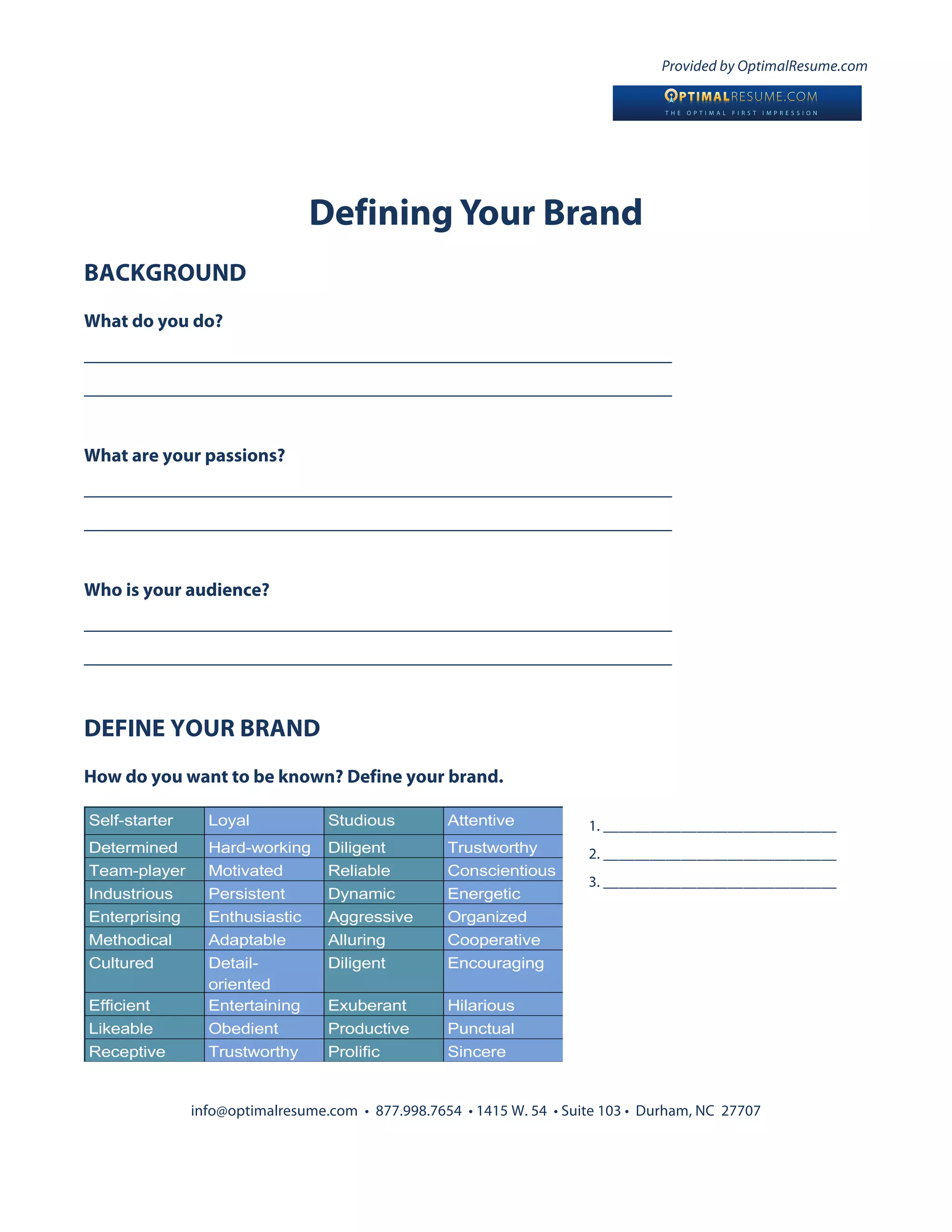 Defining Your Personal Brand Worksheet | PDF