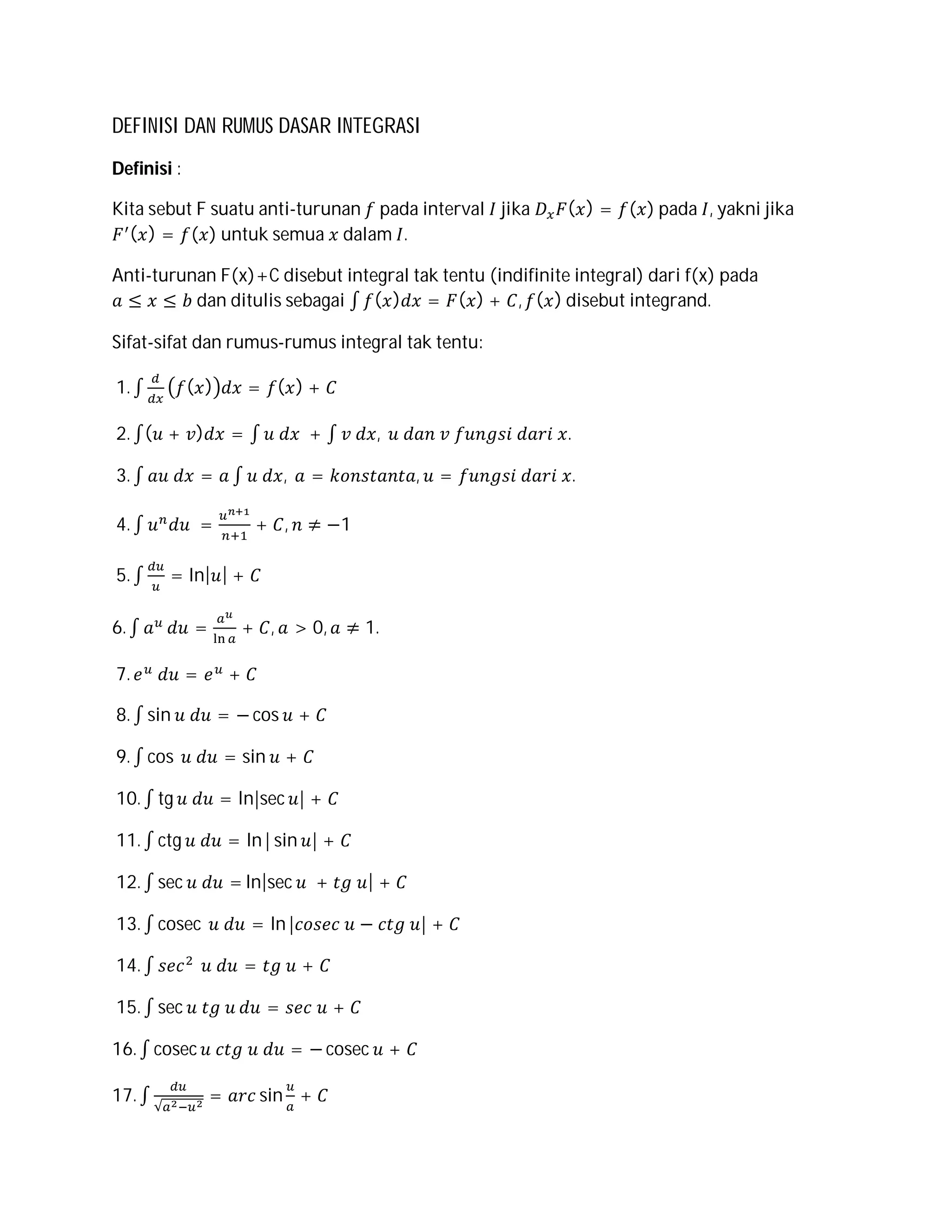 Definisi dan rumus dasar integral | PDF