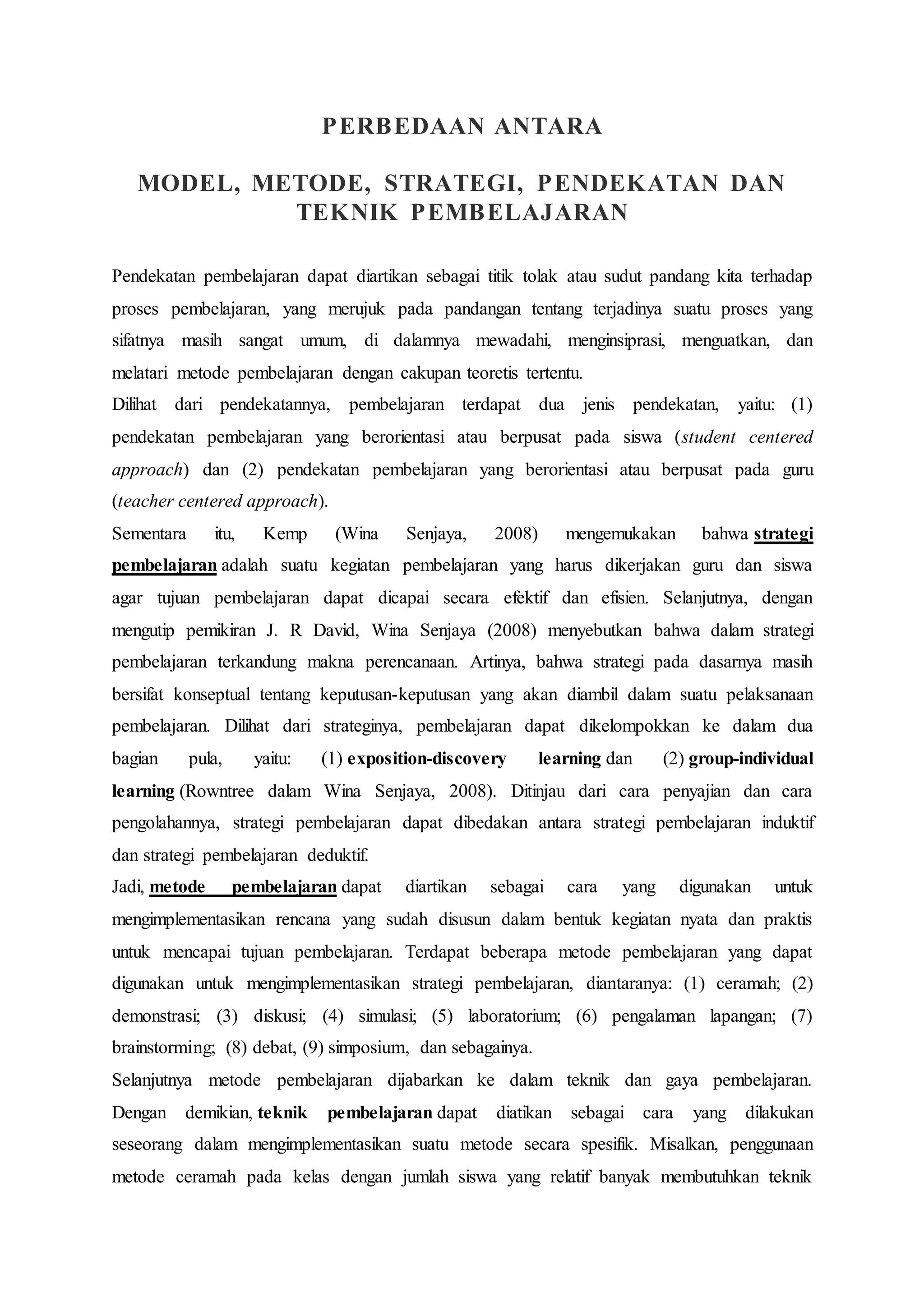 Definisi model, metode, pendekatan dan strategi pembelajaran | DOCX