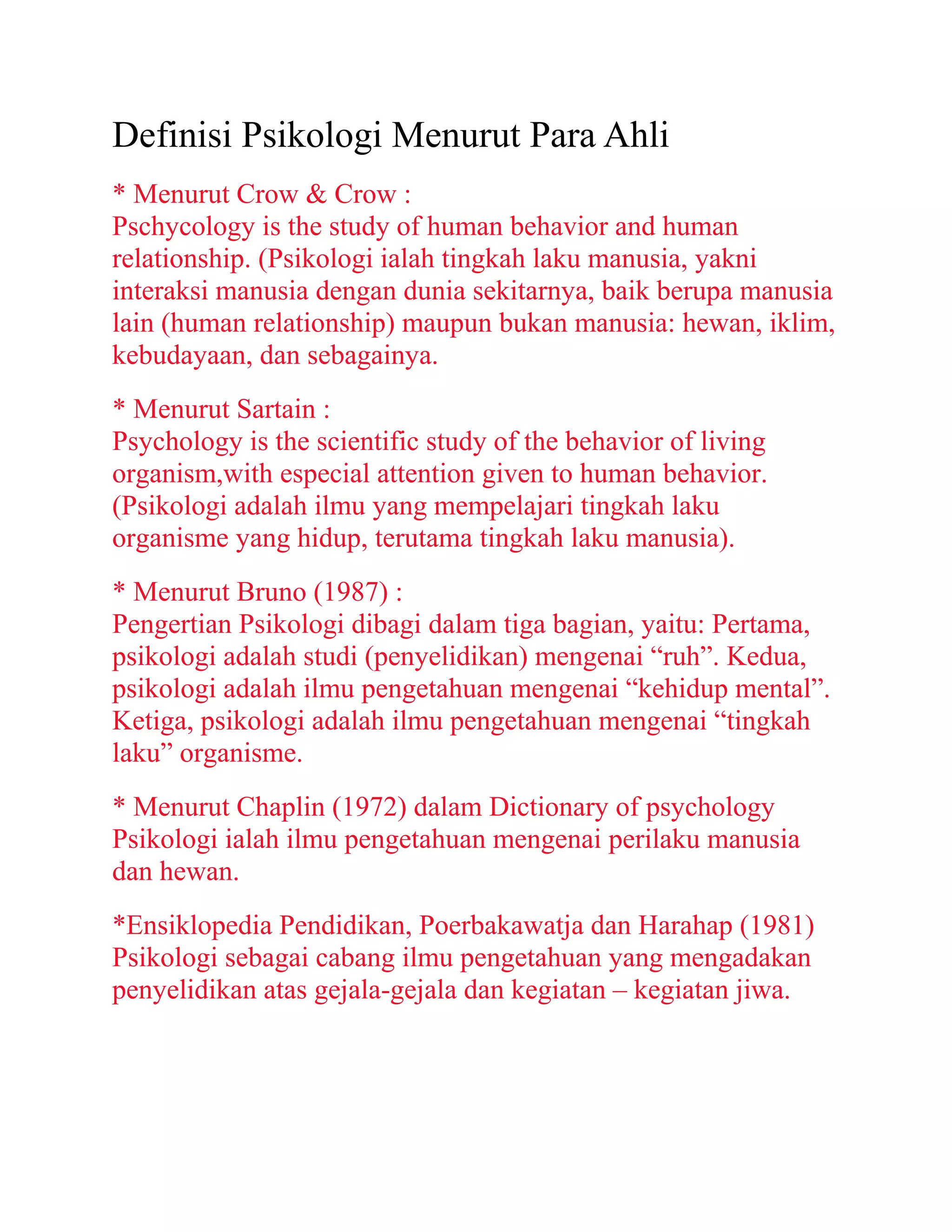 Definisi psikologi menurut para ahli | DOC