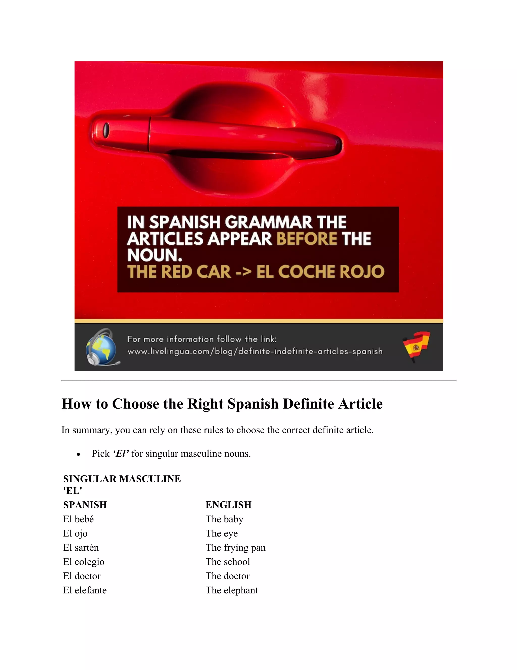 Definite and Indefinite Articles in Spanish | PDF