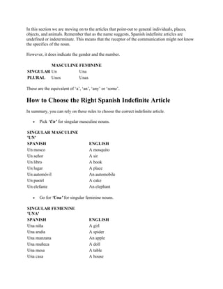 Definite and Indefinite Articles in Spanish | PDF