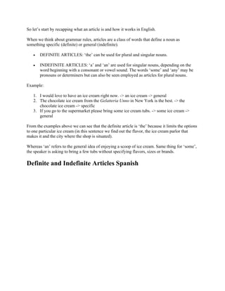 Definite and Indefinite Articles in Spanish | PDF
