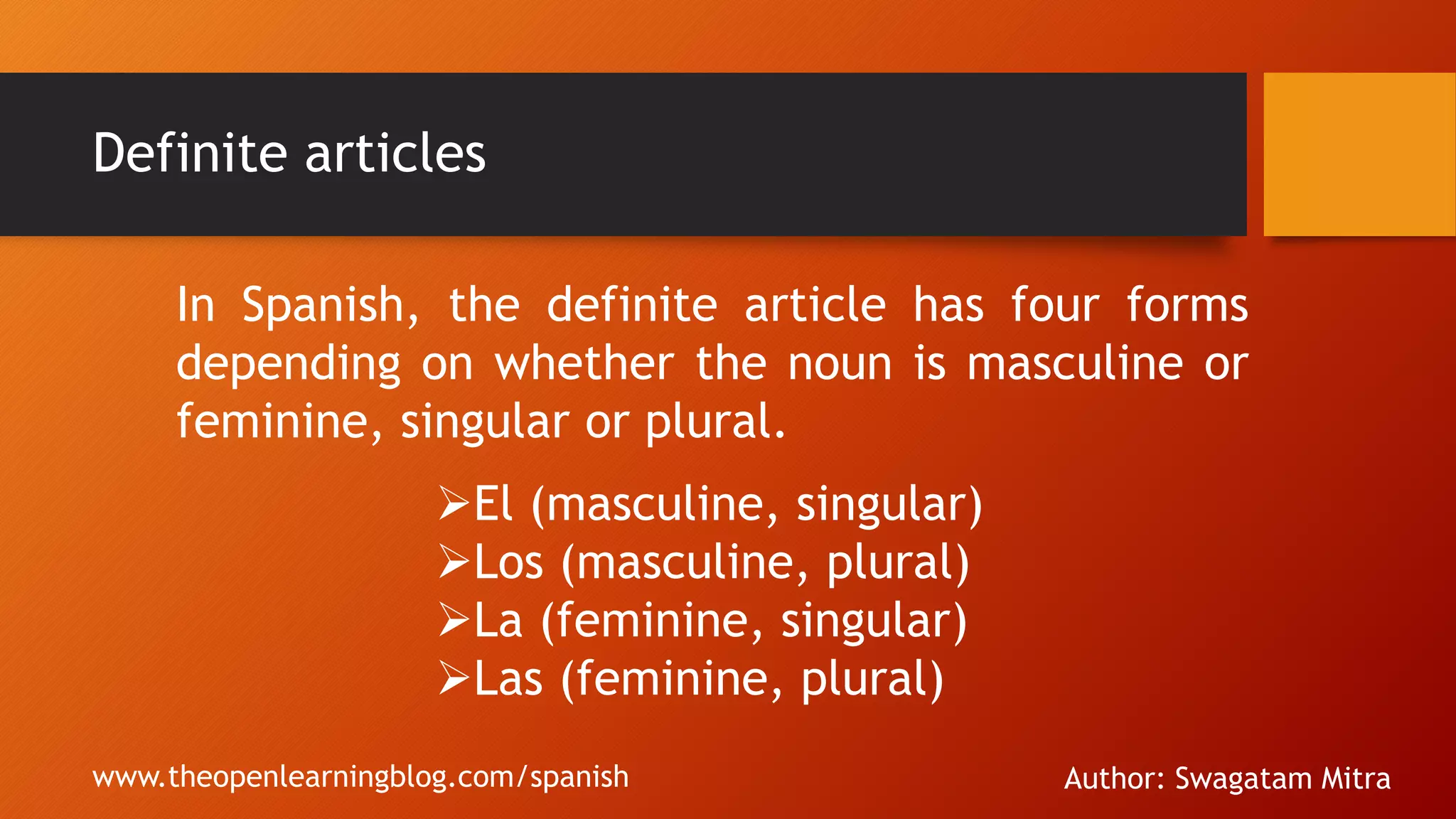 Spanish Lesson - Lesson 3: Definite and Indefinite articles | PPTX