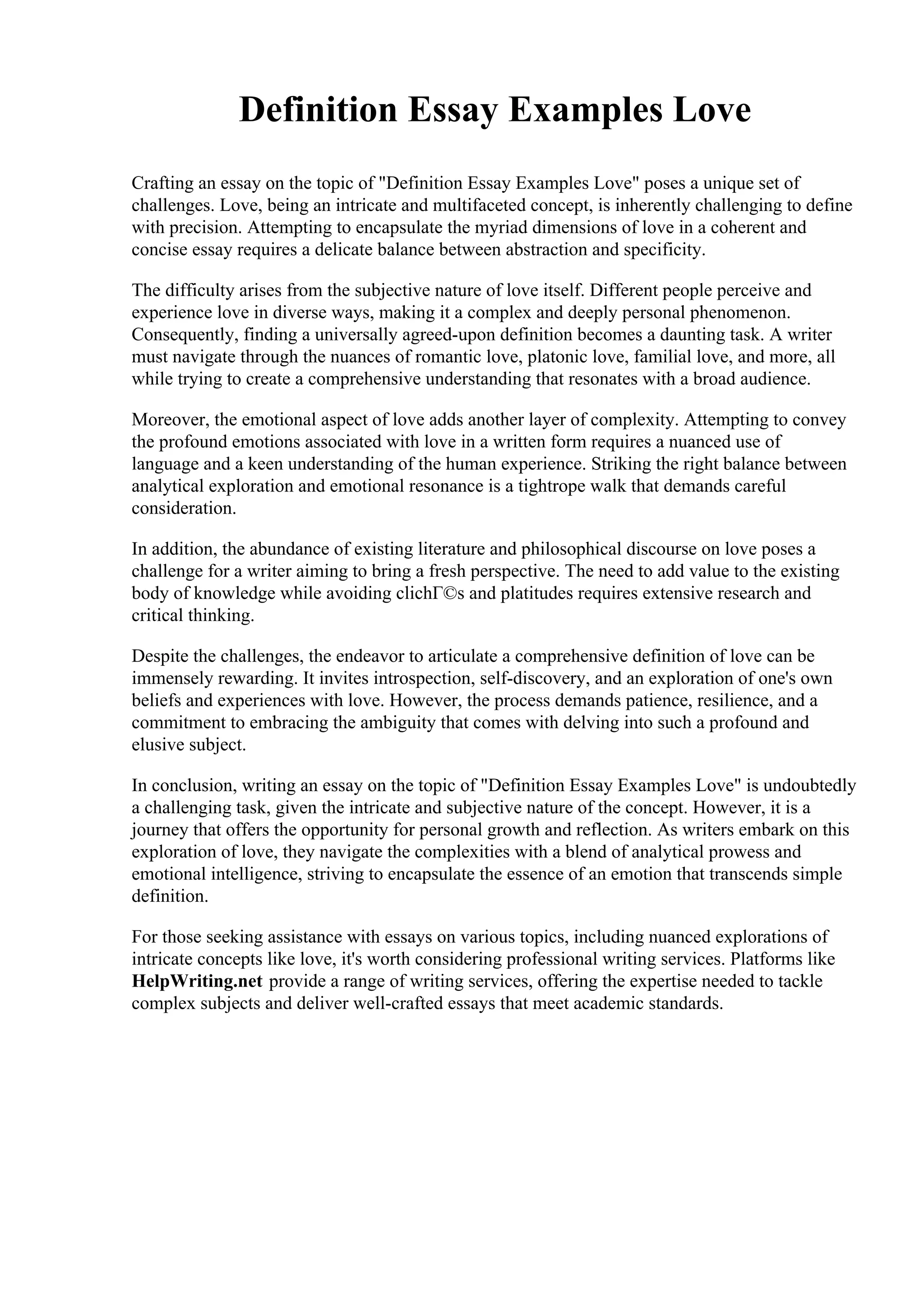 Definition Essay Examples Love. Gateway Community College, New Haven | PDF