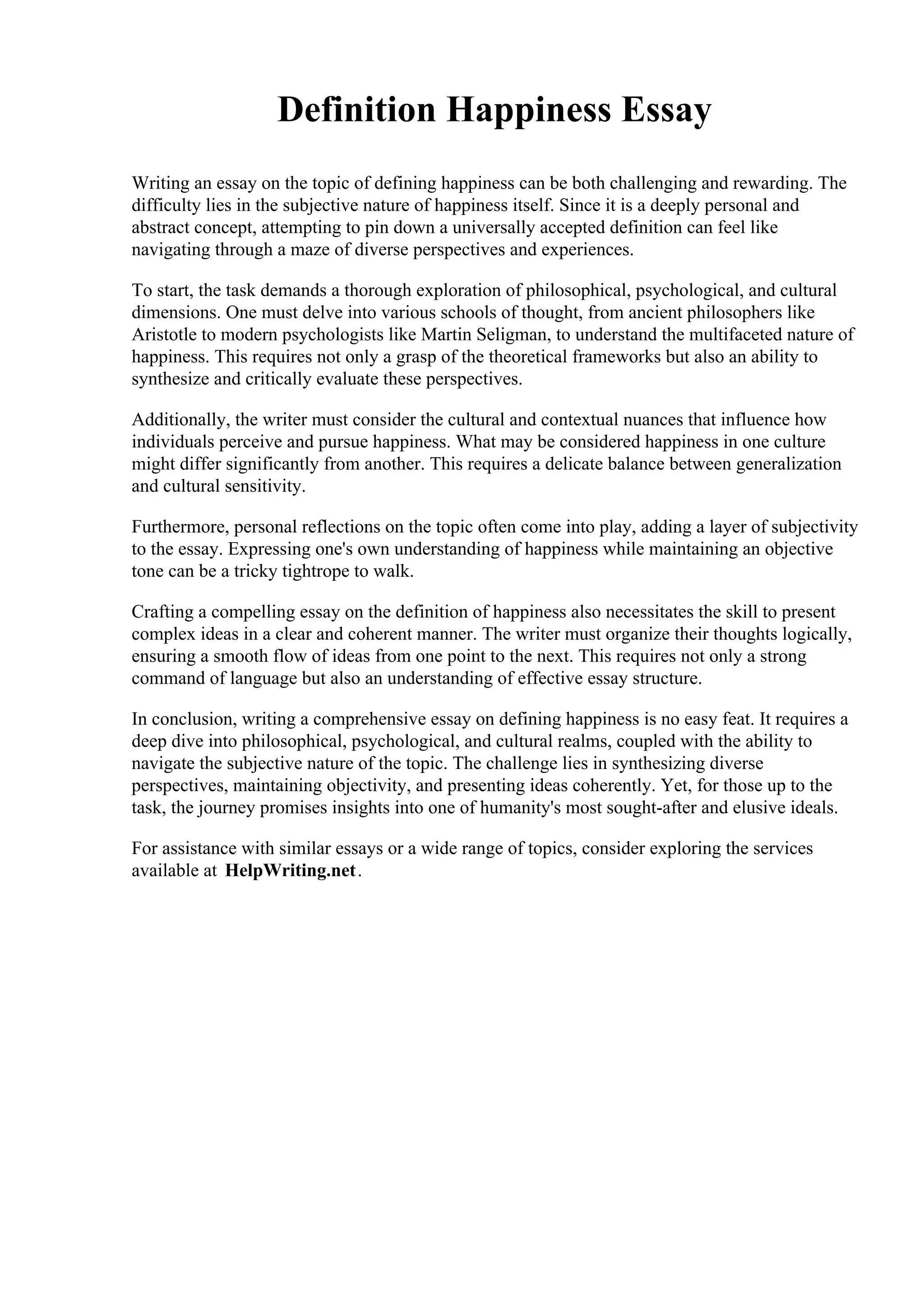 Definition Happiness Essay. Crown College (Minnesota) | PDF