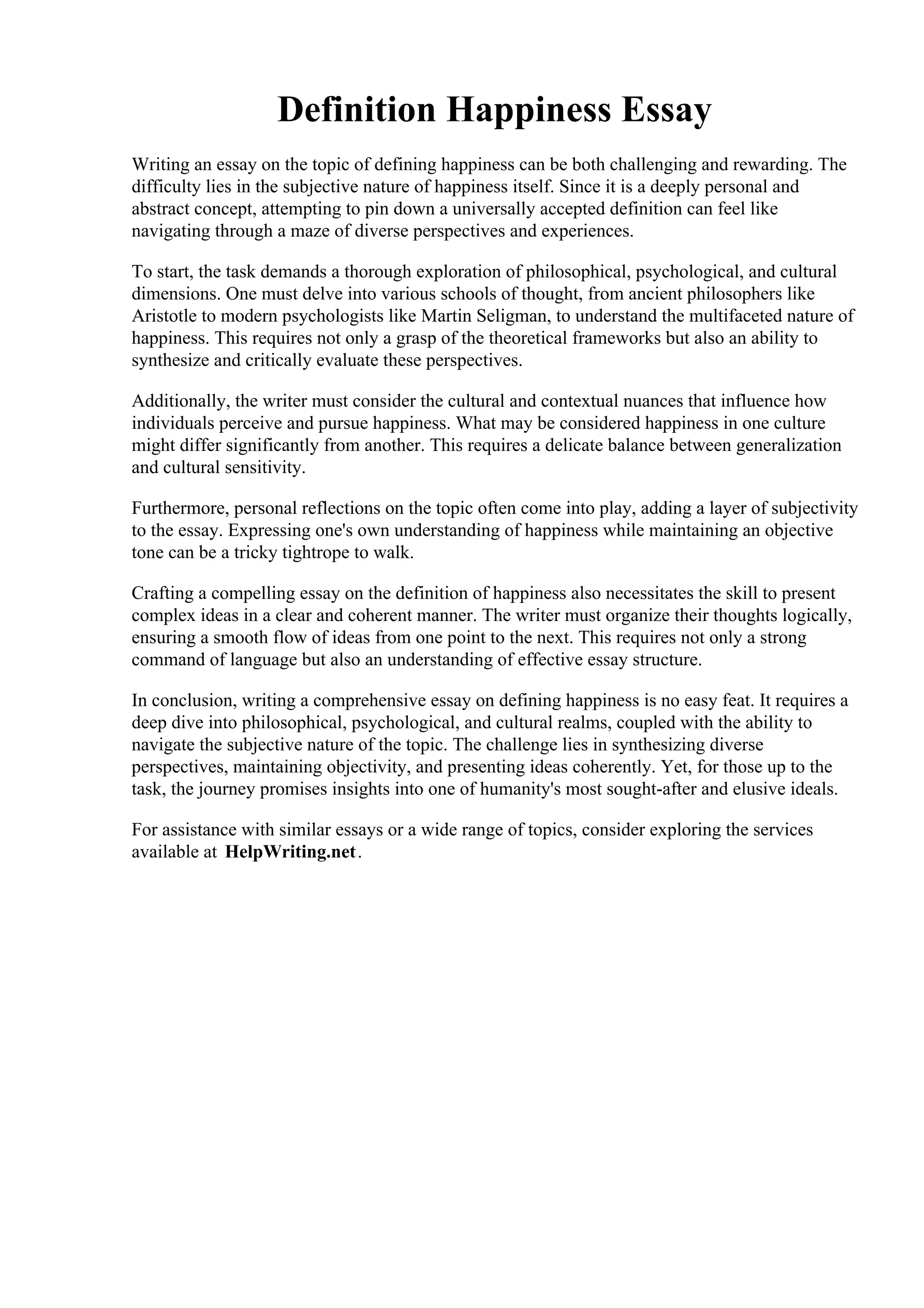 Definition Happiness Essay | PDF