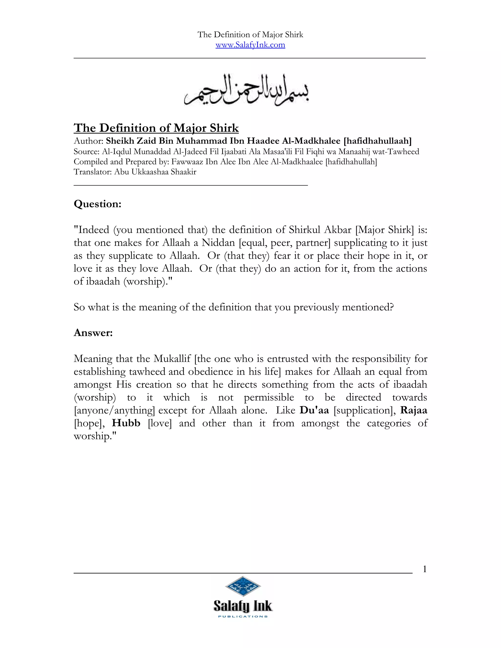 Definition Major Shirk | PDF
