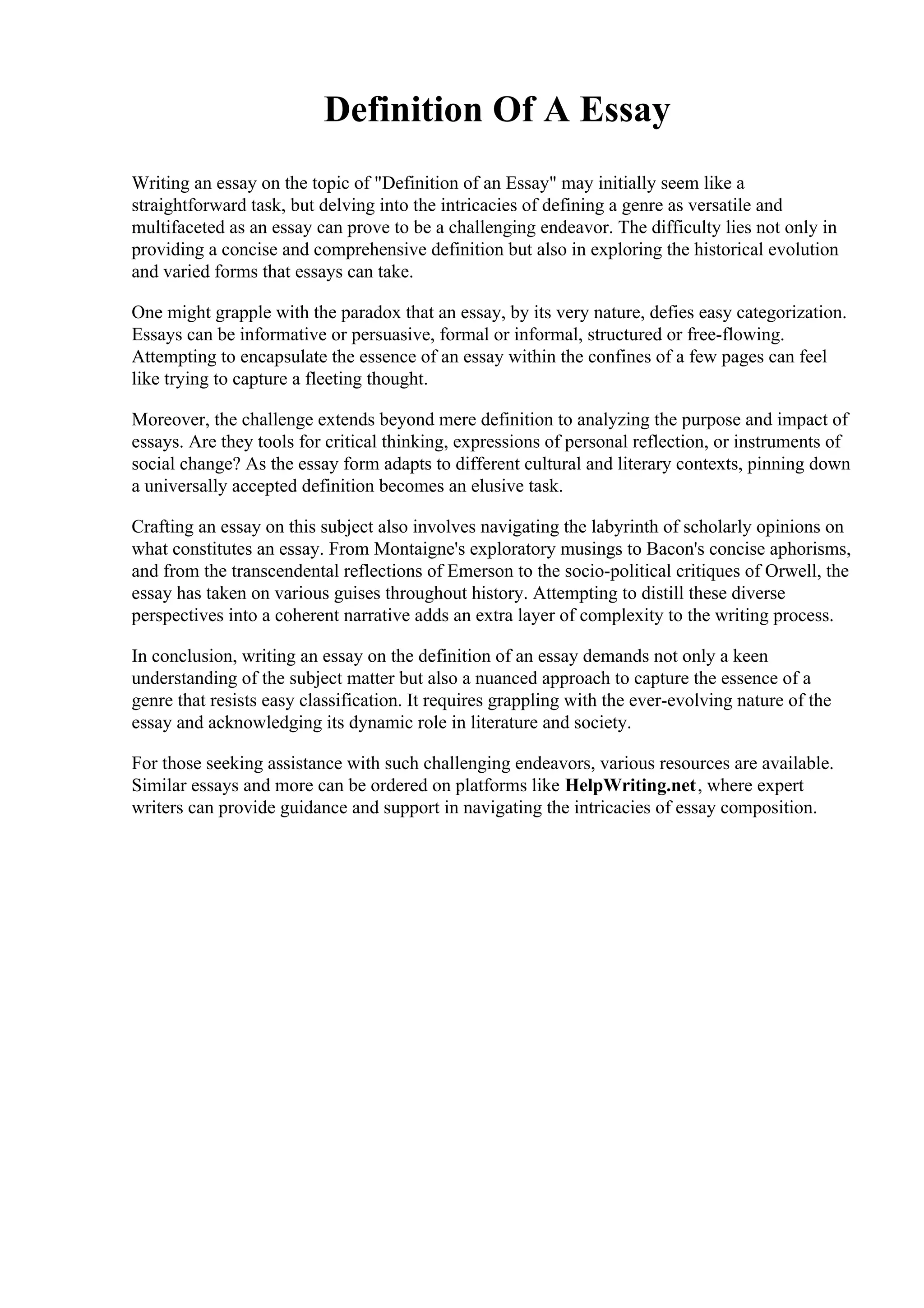 Definition Of A Essay. Mount St. Mary's University | PDF