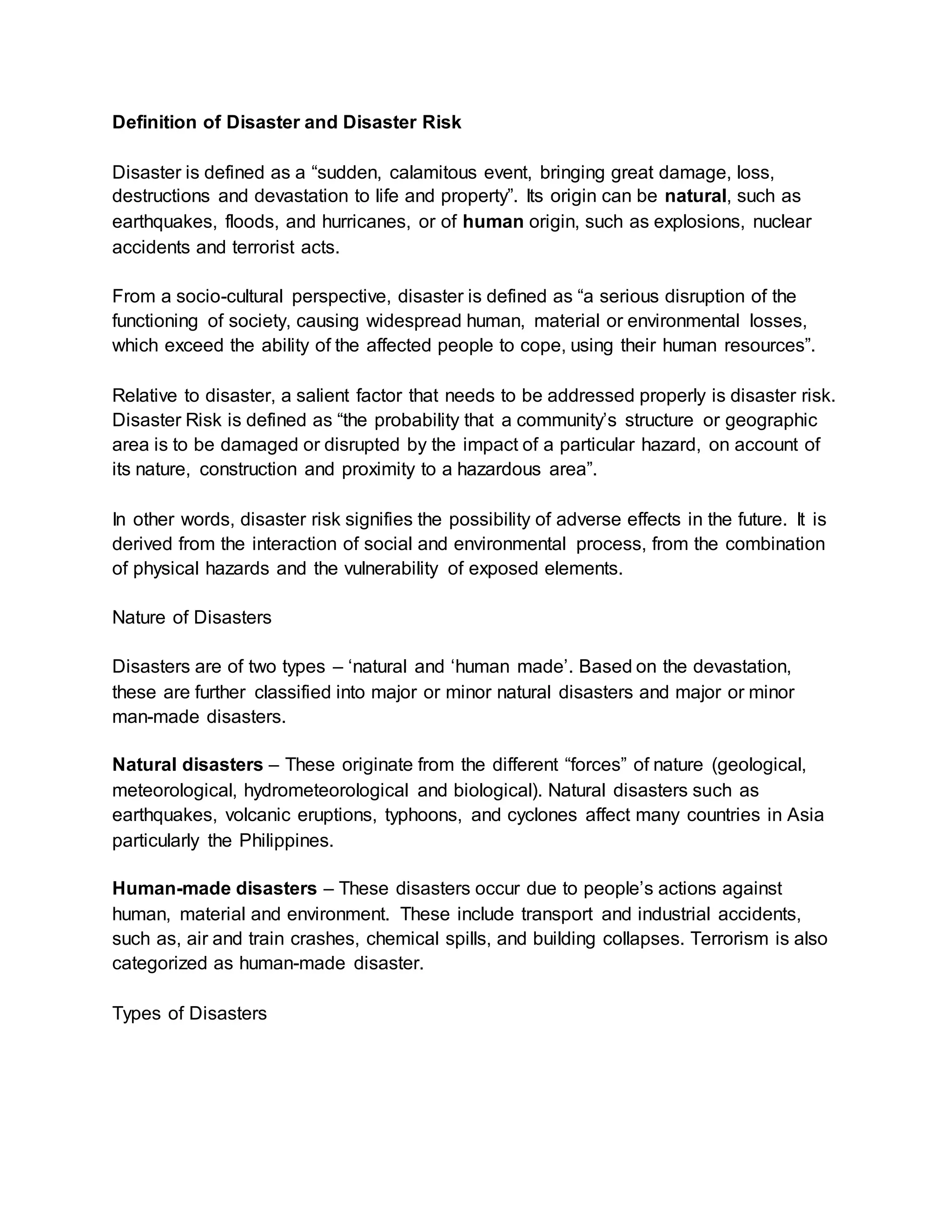 Definition of disaster and disaster risk | DOCX