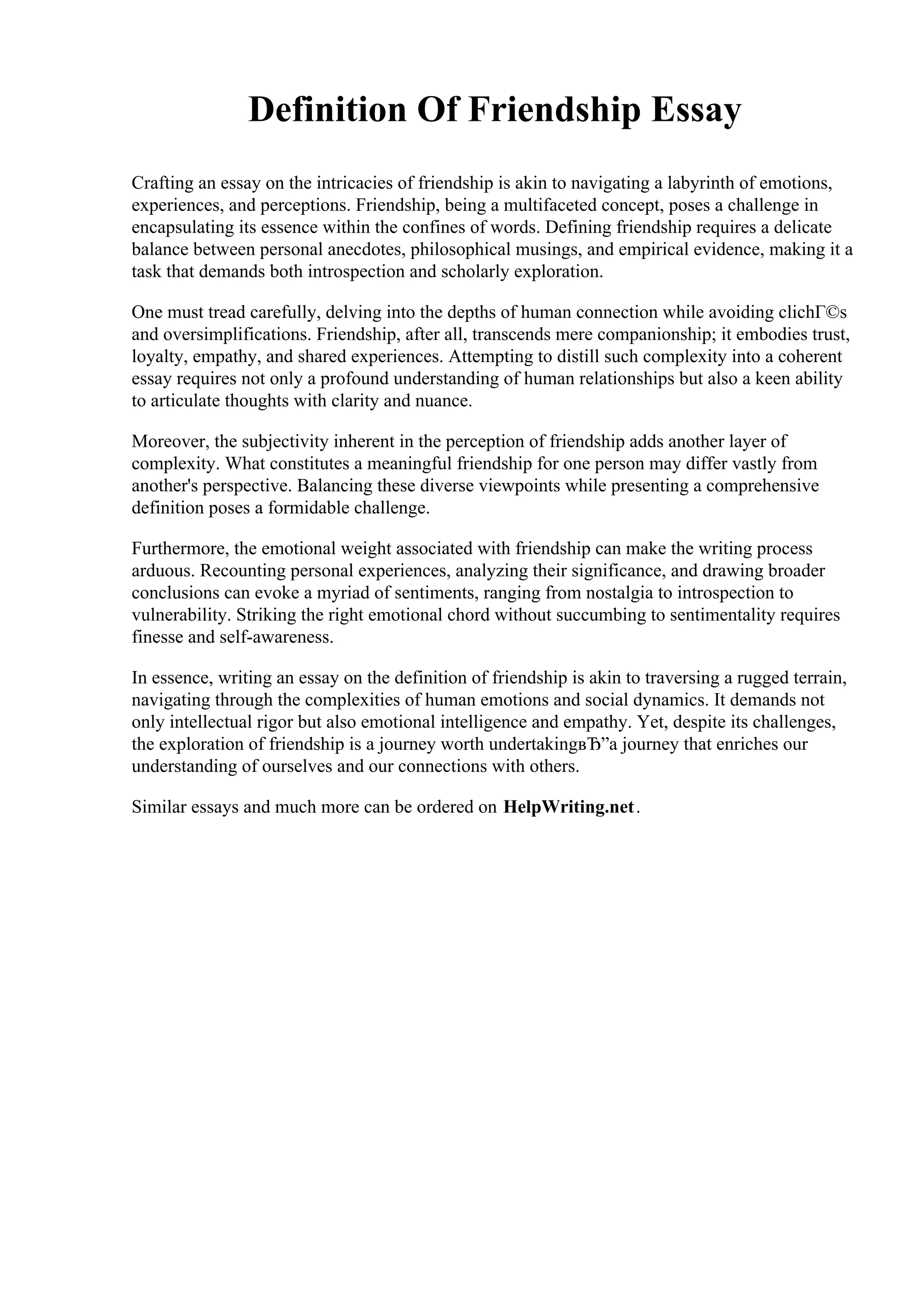 Definition Of Friendship Essay. High Desert Medical College | PDF