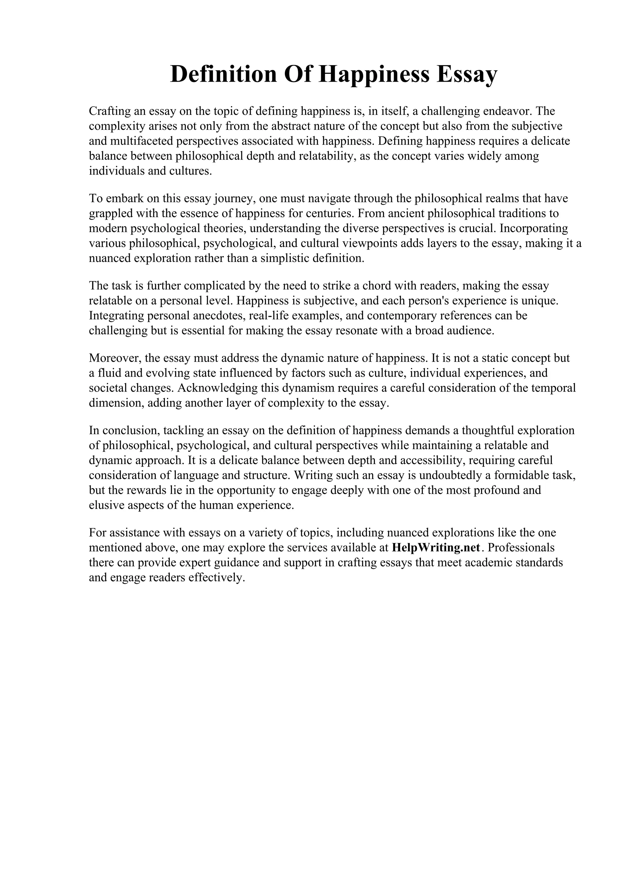 Definition Of Happiness Essay | PDF