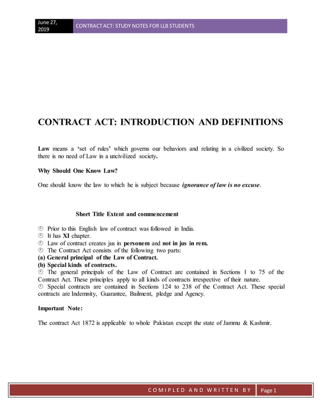 introduction to contract act defintions | PDF