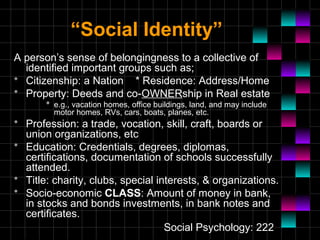 Social Psychology 222 - Definitions - Civil identity | PPT