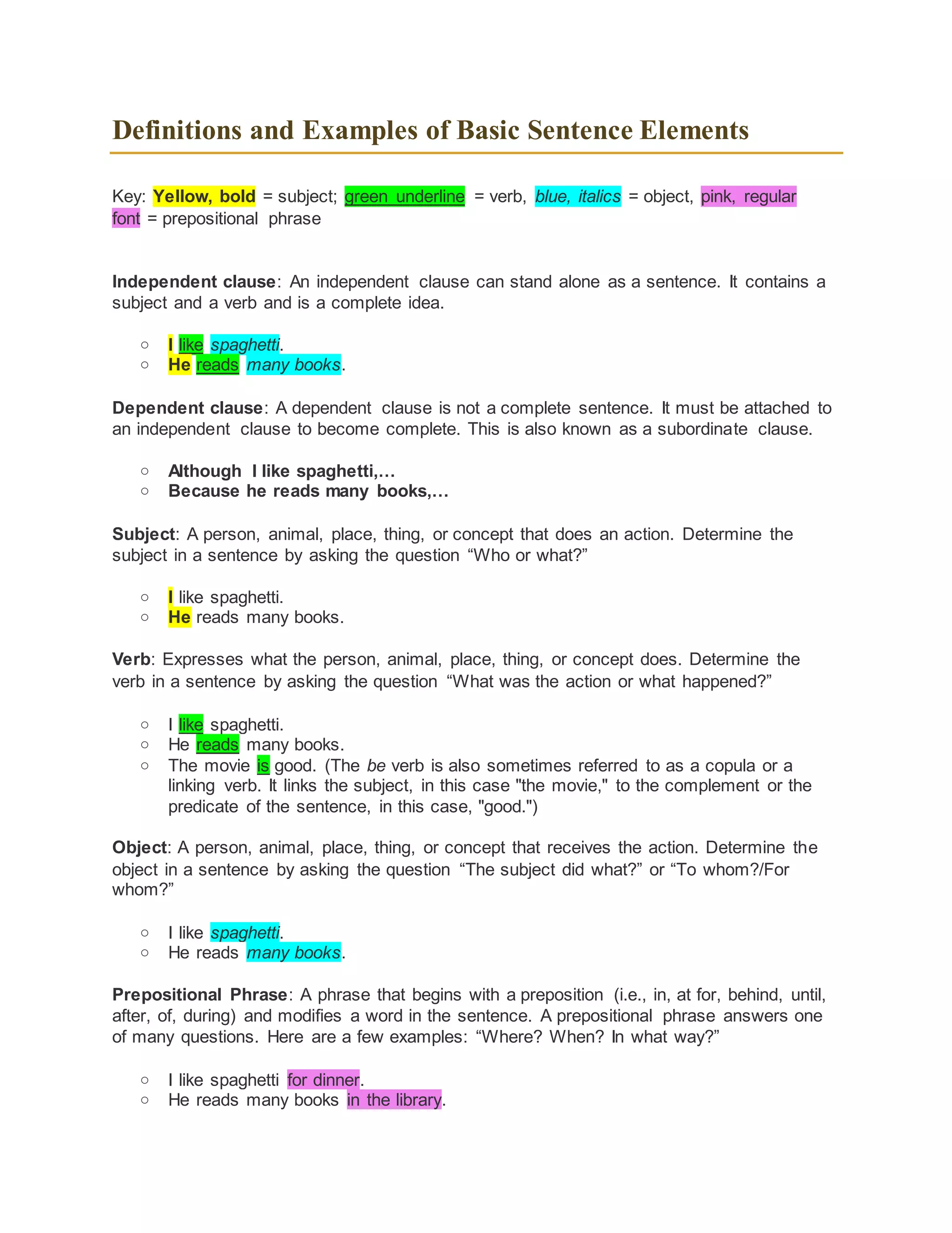 Definitions and examples of basic sentence elements | DOCX