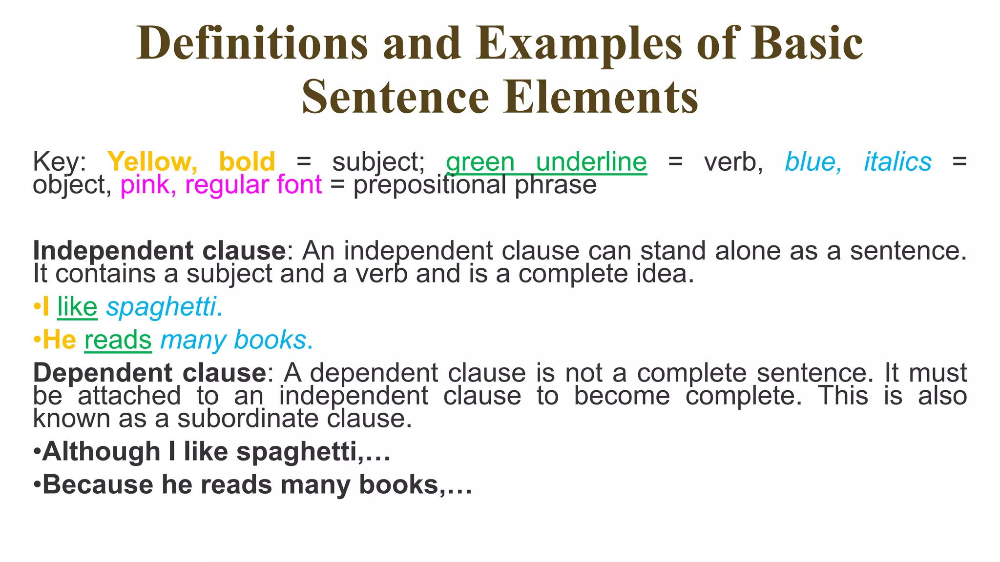 Definitions and examples of basic sentence elements | PPTX