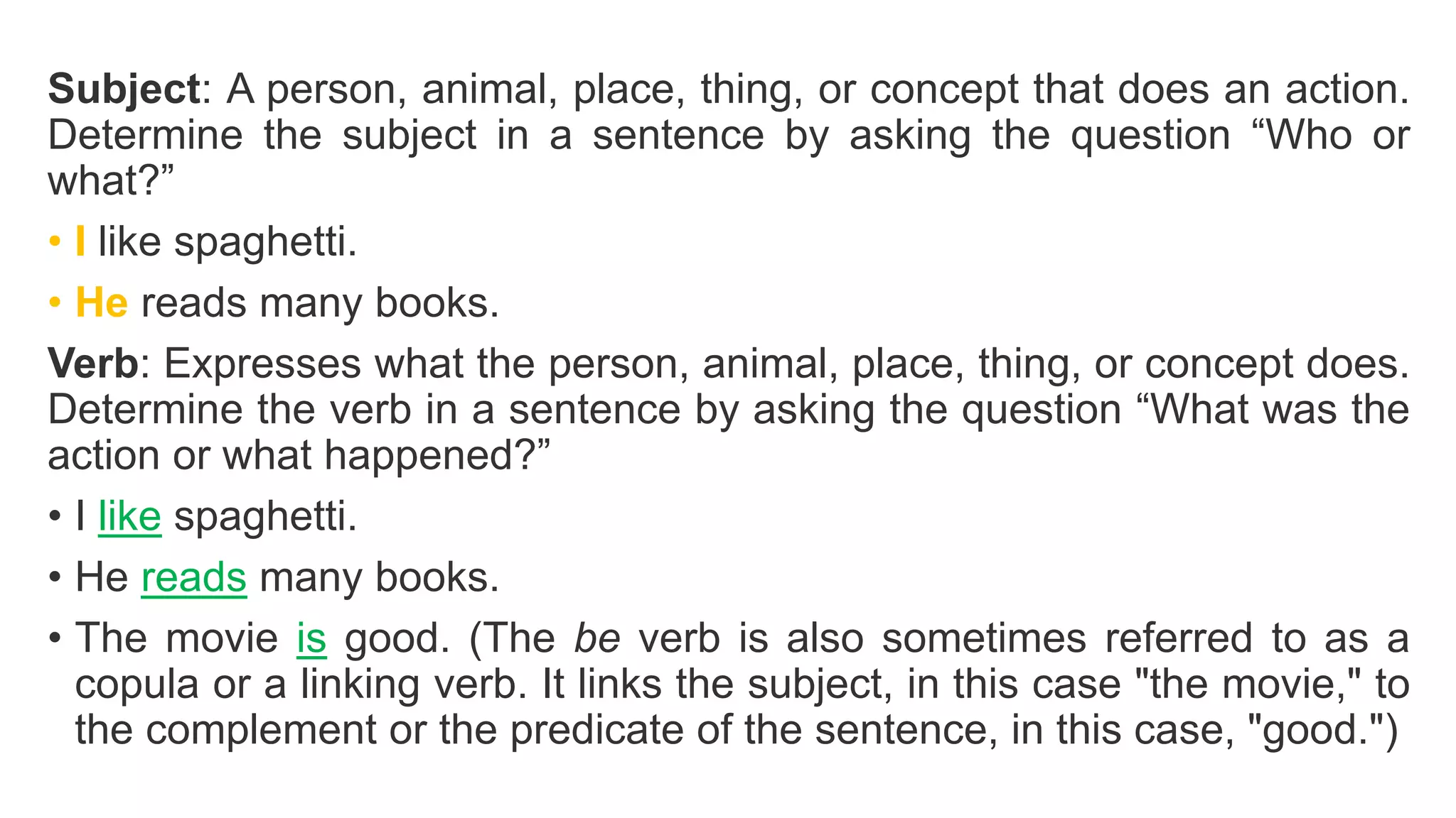 Definitions and examples of basic sentence elements | PPTX