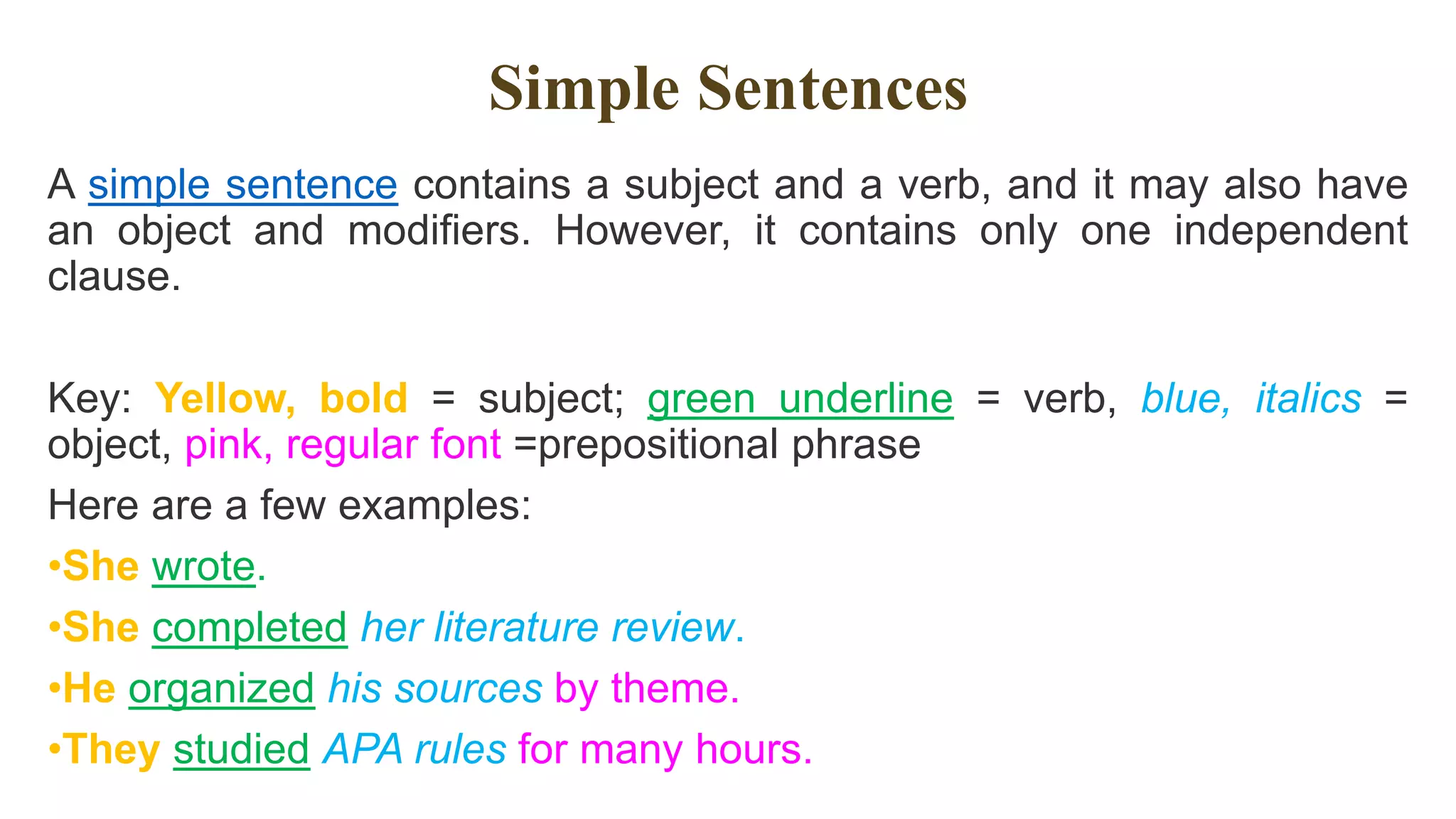 Definitions and examples of basic sentence elements | PPTX