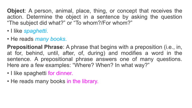 Definitions and examples of basic sentence elements | PPTX