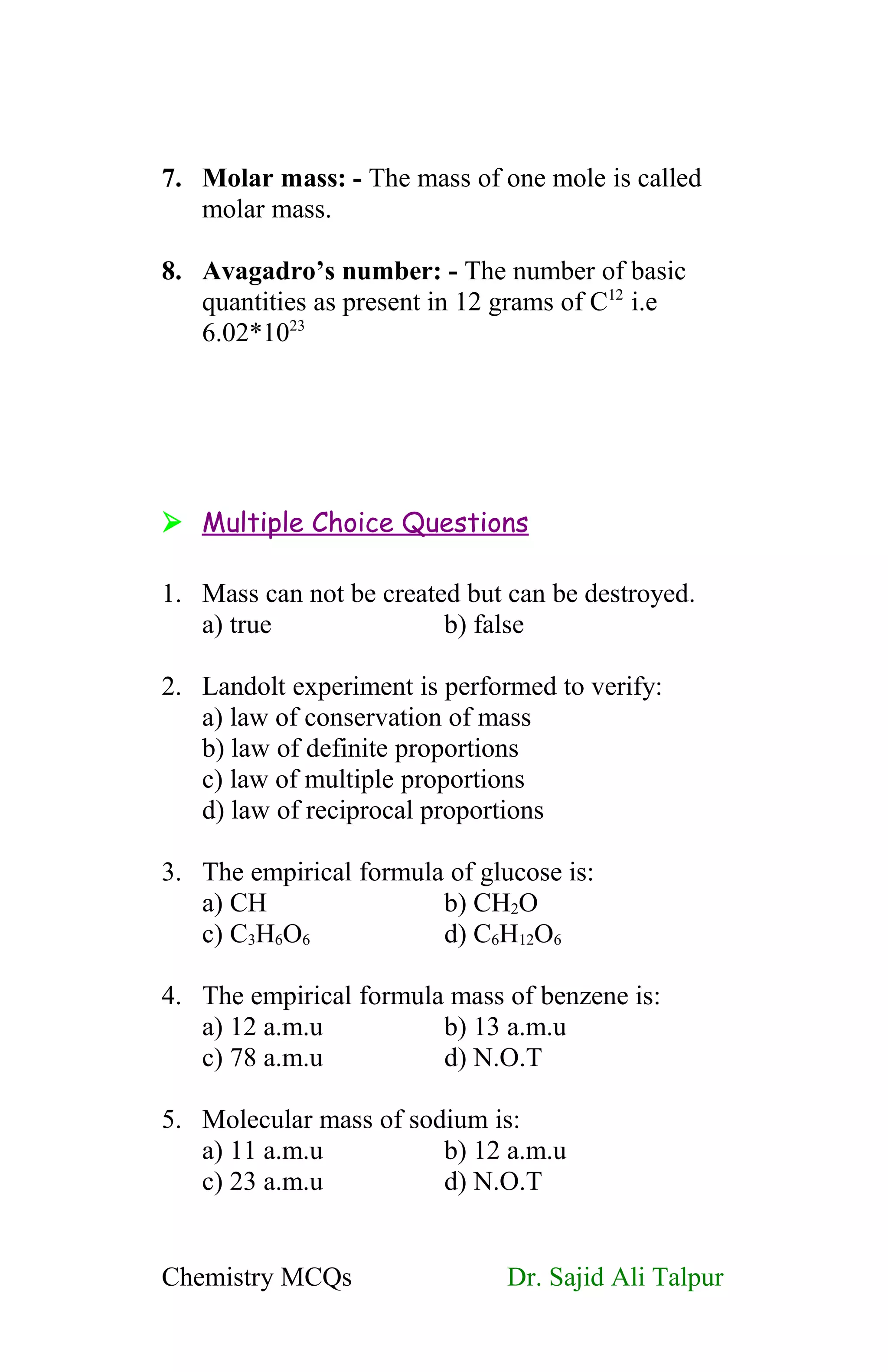 Definitions and mcqs of ninth class chemistry (chemical combinations) | DOC