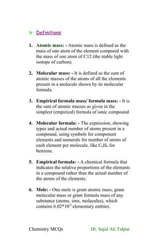 Definitions and mcqs of ninth class chemistry (chemical combinations) | DOC | Chemistry | Science