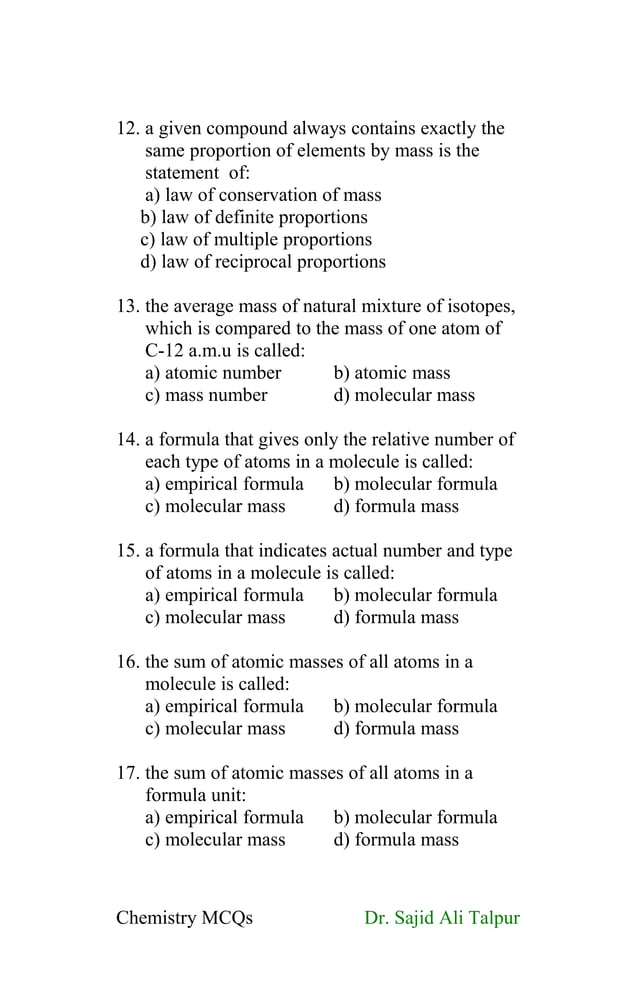 Definitions and mcqs of ninth class chemistry (chemical combinations ...