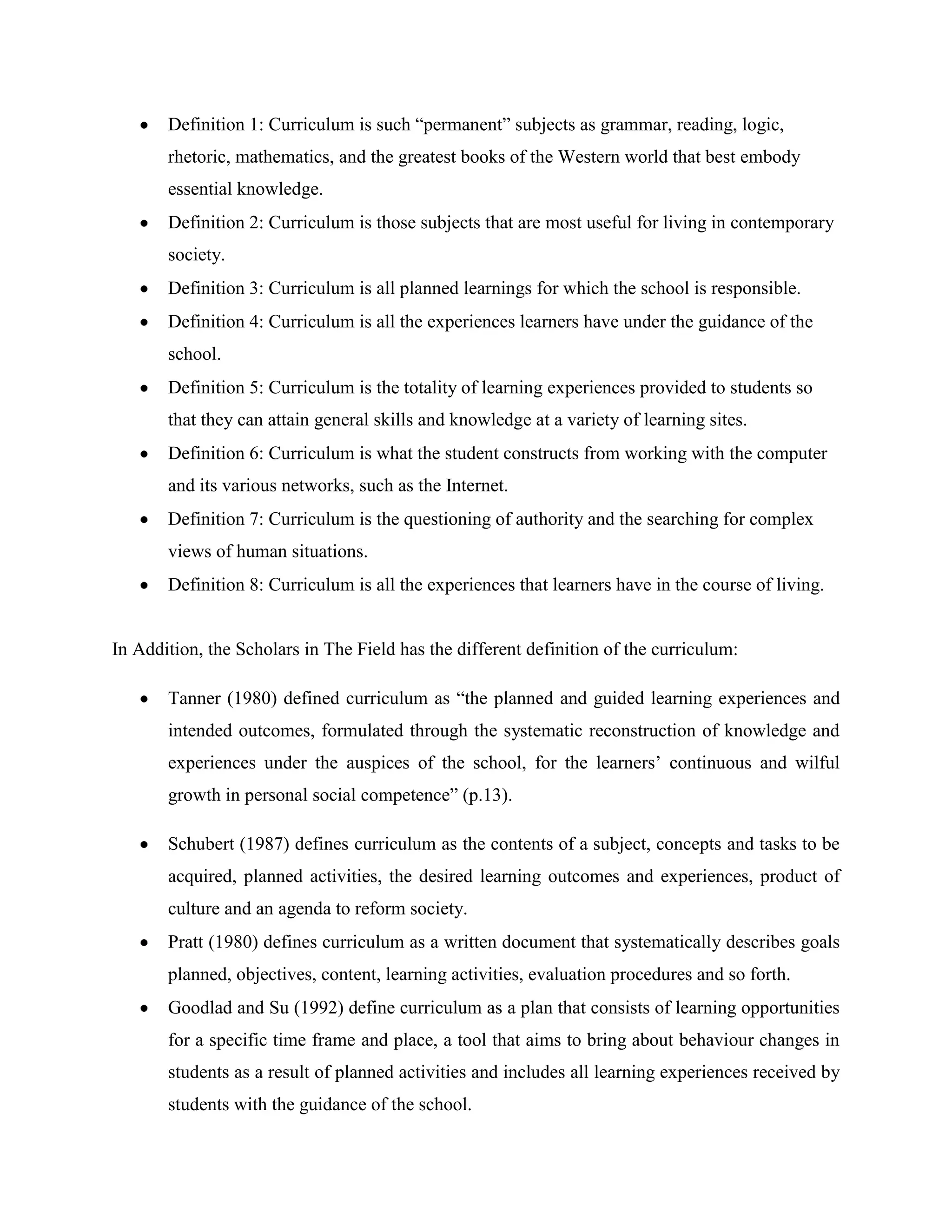 Definitions of curriculum | DOCX