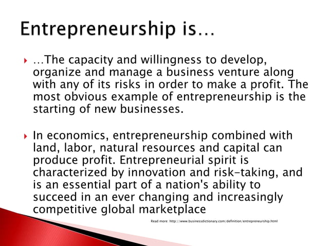 Definitions of entrepreneurship from different sources | PPTX