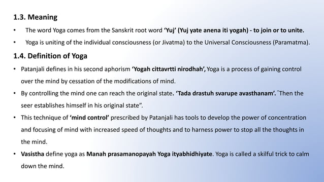 DEFINITION AND MEANING OF YOGA | PPTX | Hinduism | Religion & Spirituality