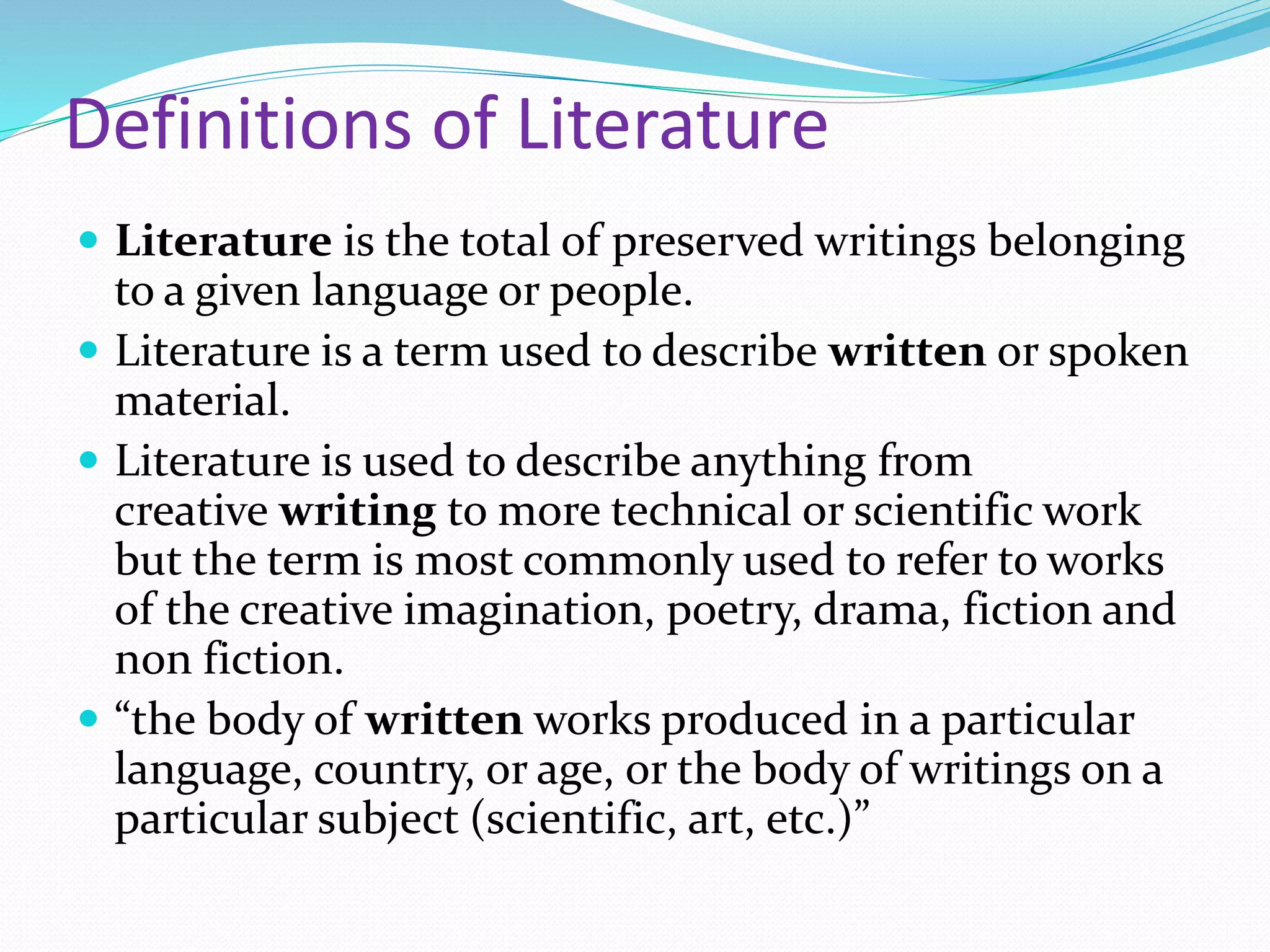 Definition of Literature for Fundamentals of Literature | PPTX