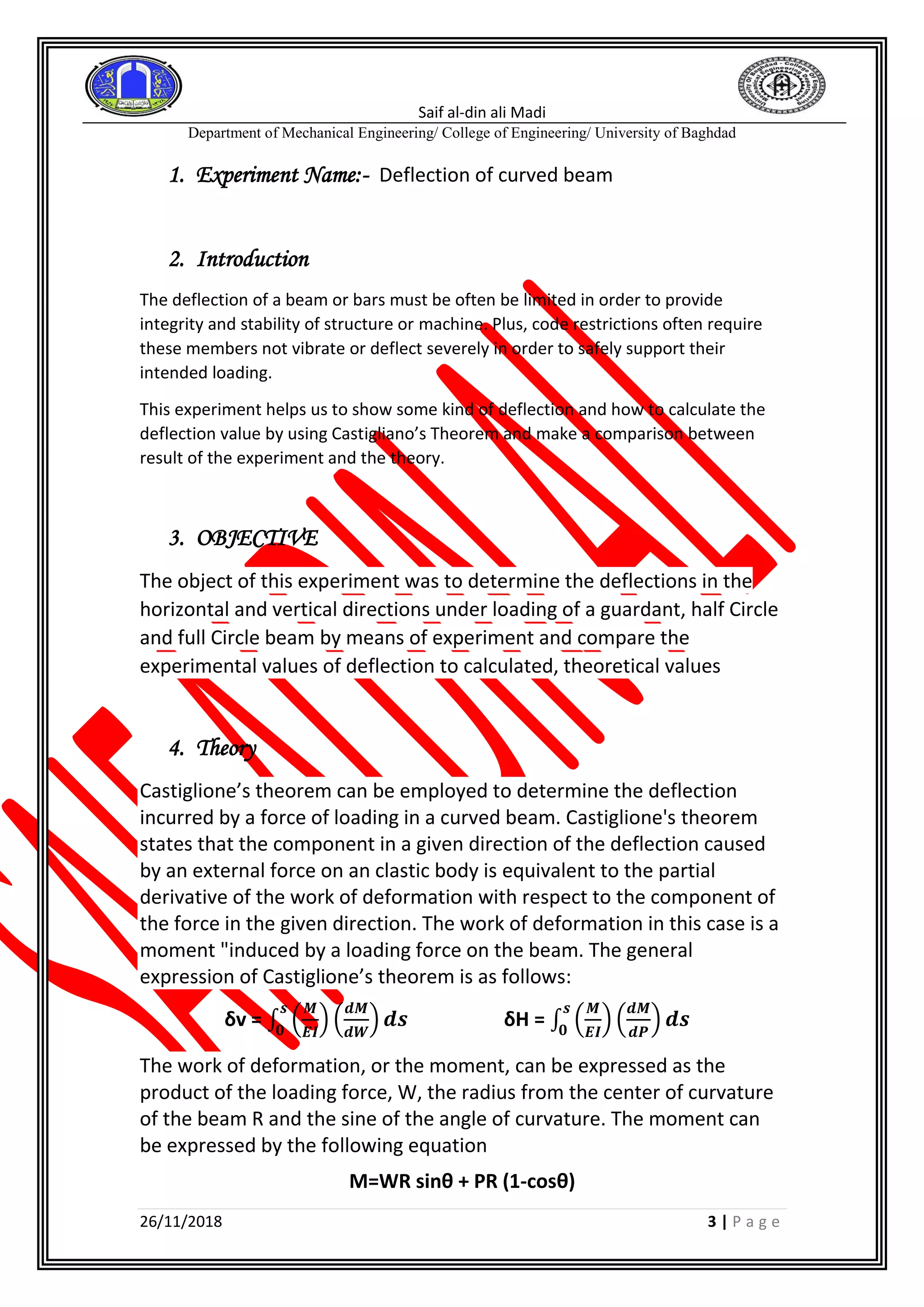 Deflection of curved beam |Strength of Material Laboratory | PDF