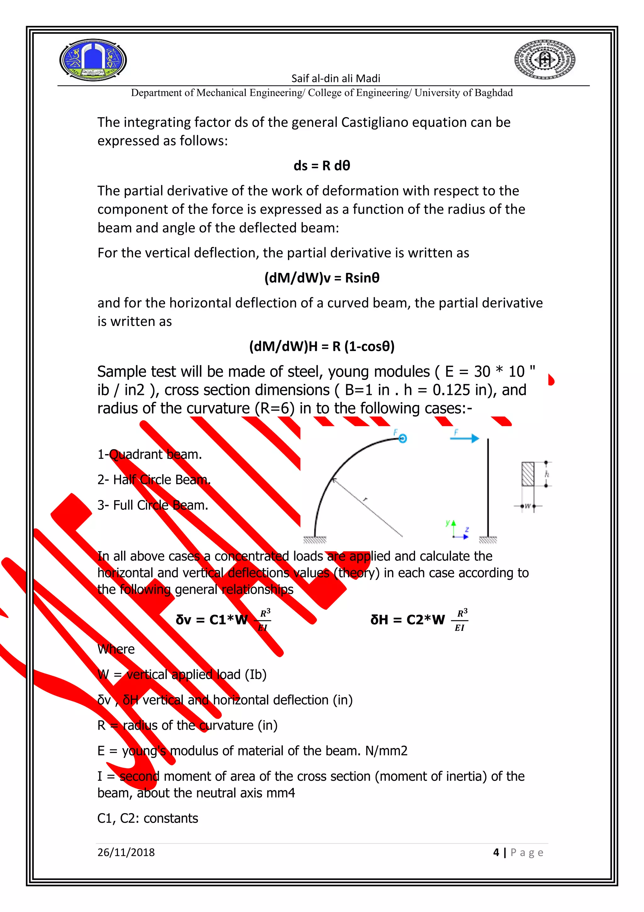 Deflection of curved beam |Strength of Material Laboratory | PDF