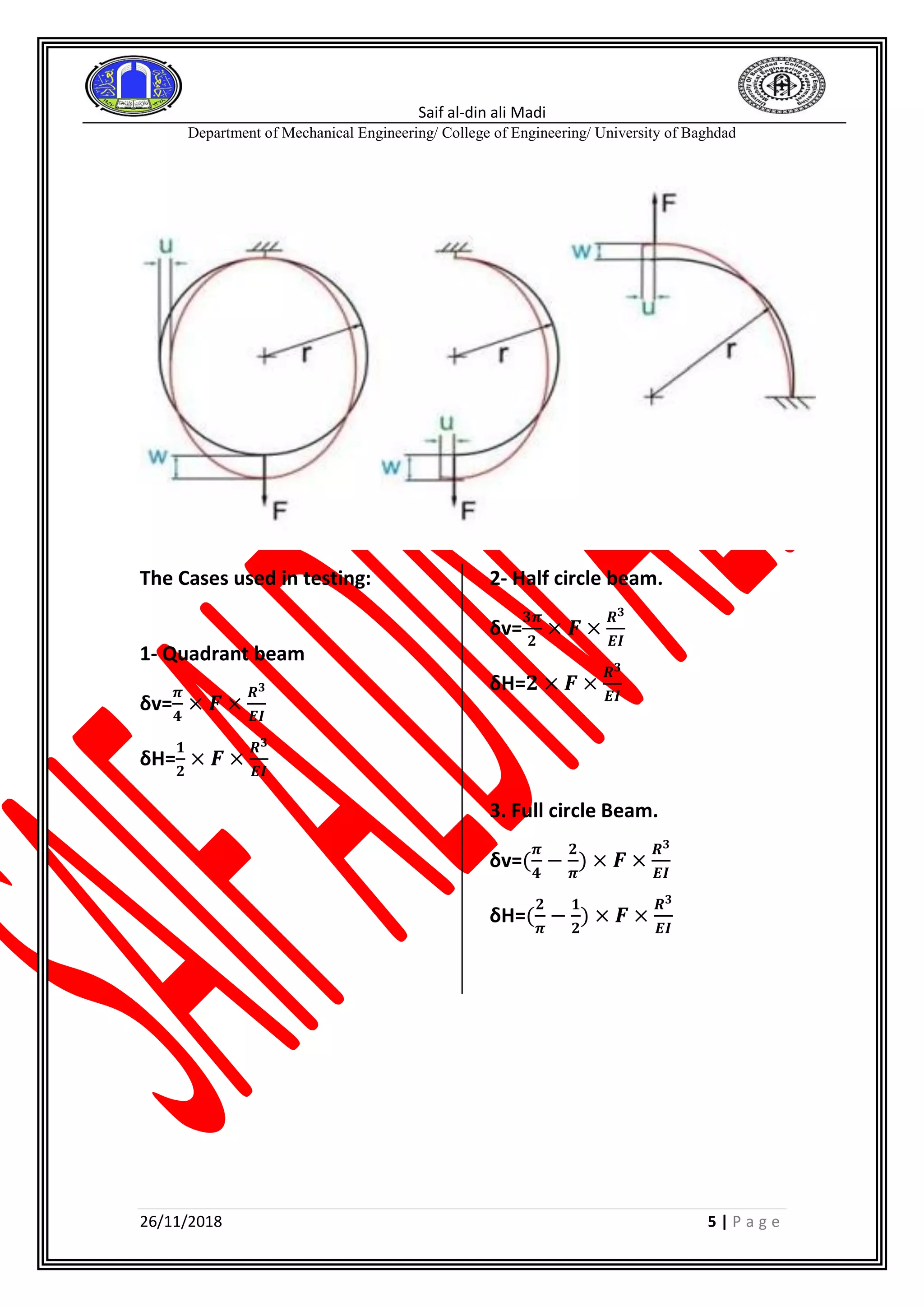Deflection of curved beam |Strength of Material Laboratory | PDF