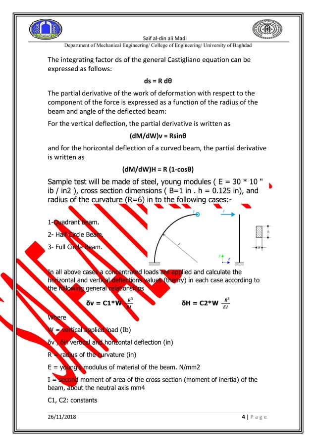 Deflection of curved beam |Strength of Material Laboratory | PDF