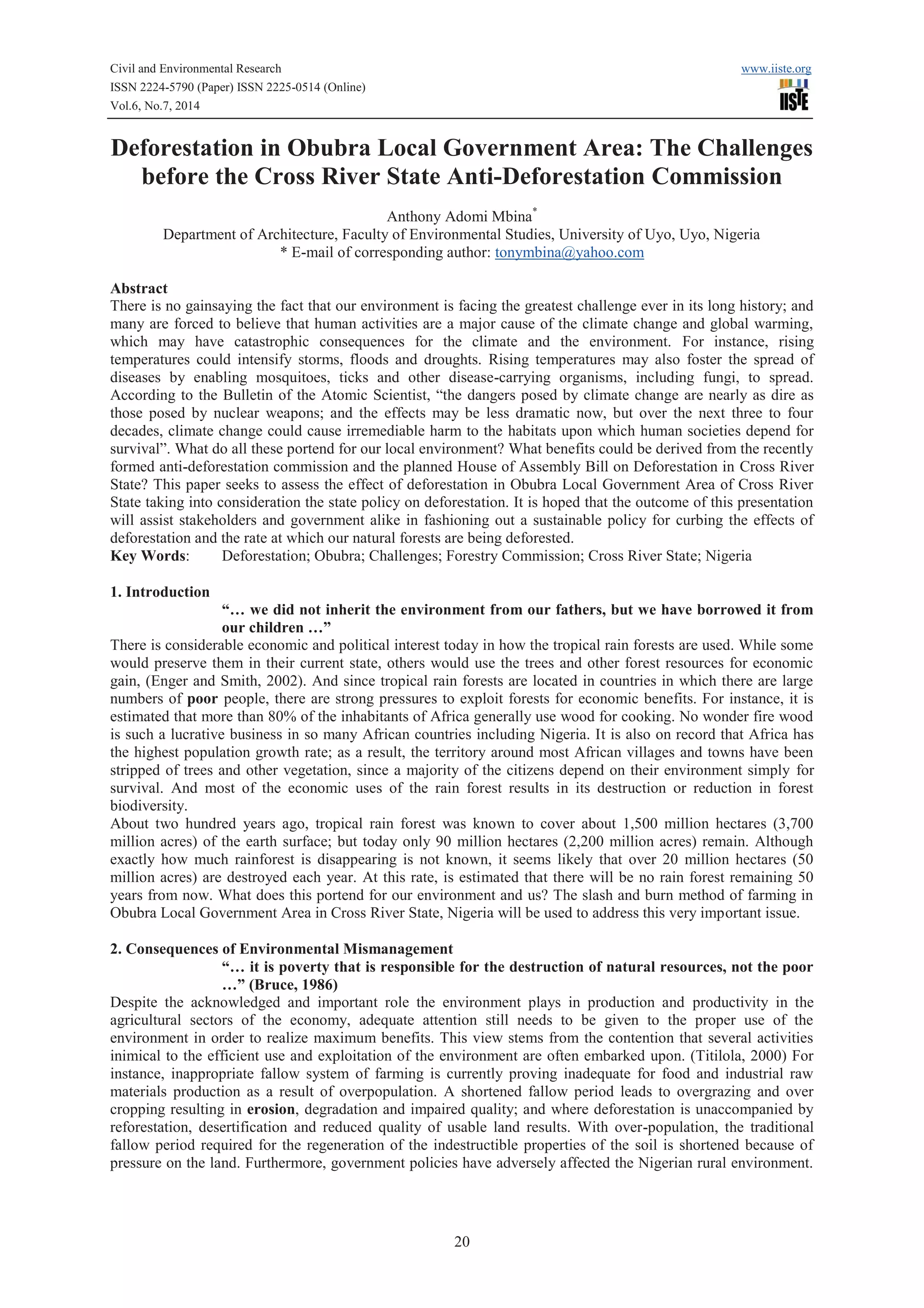 Deforestation in obubra local government area the challenges | PDF ...