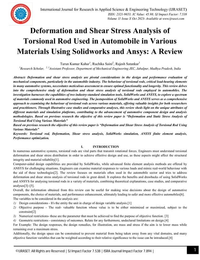 Deformation and Shear Stress Analysis of Torsional Rod Used in ...