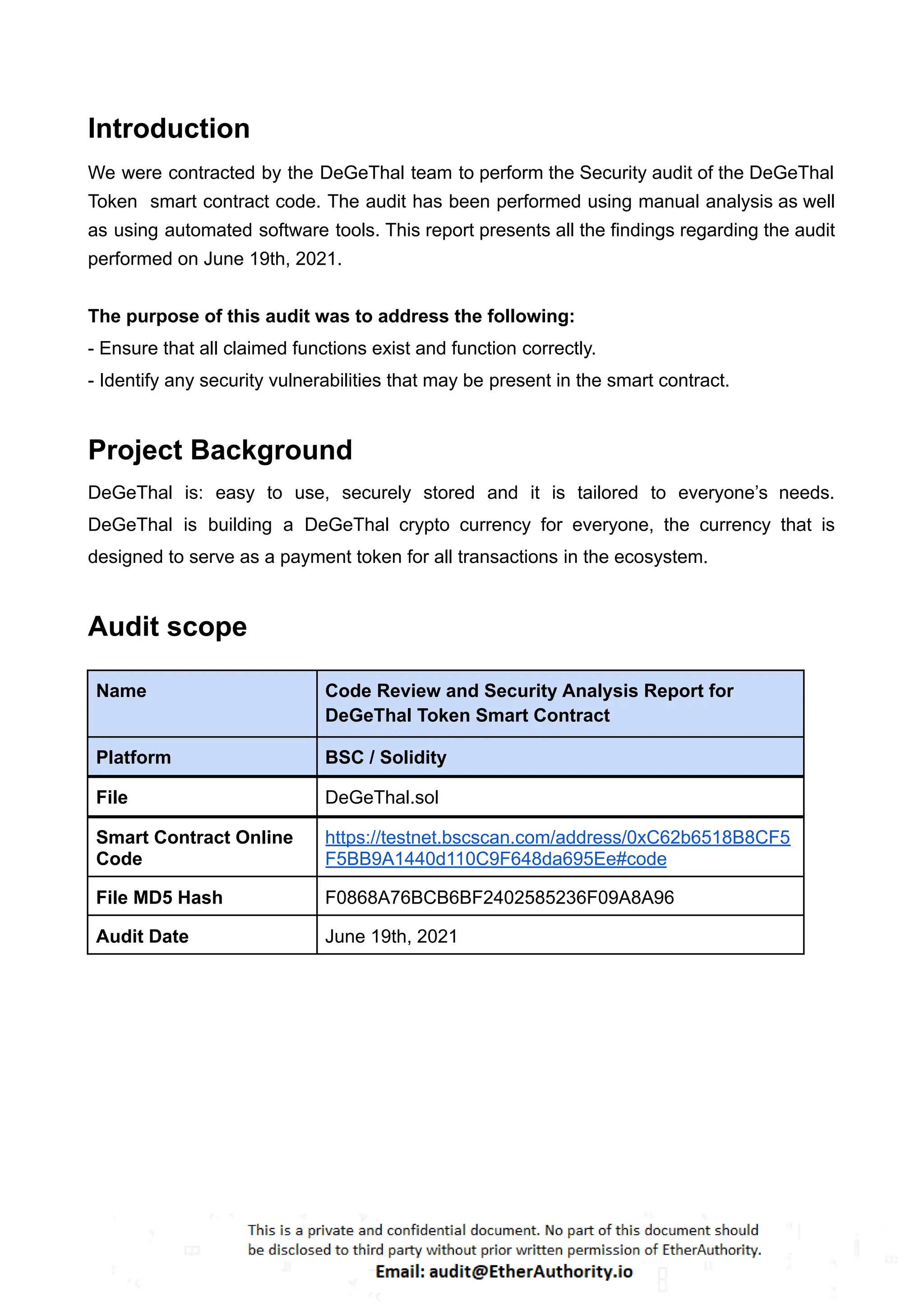 DeGeThal Token – Smart Contract Security Audit Report by EtherAuthority | PDF
