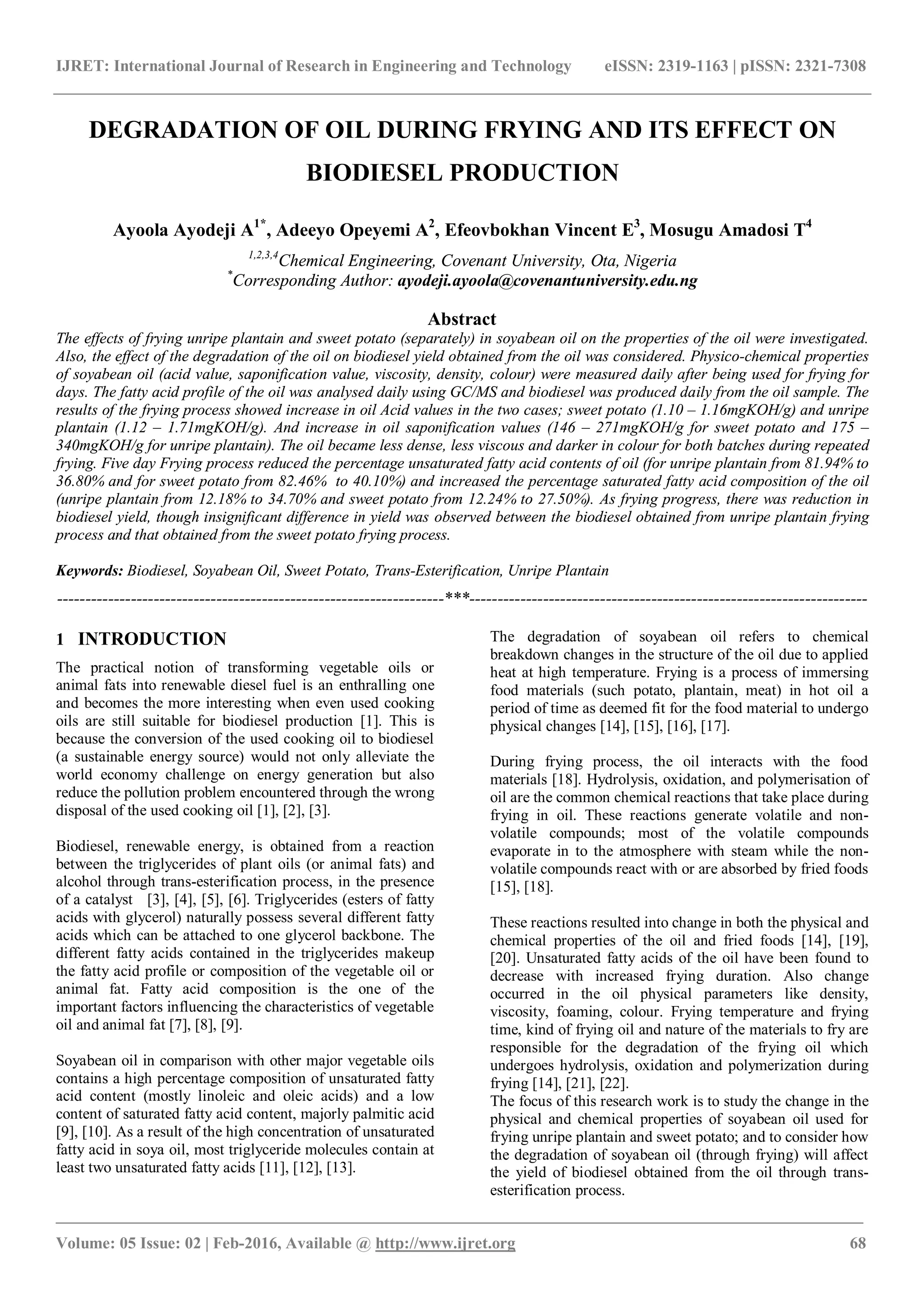 Degradation of oil during frying and its effect on biodiesel production ...